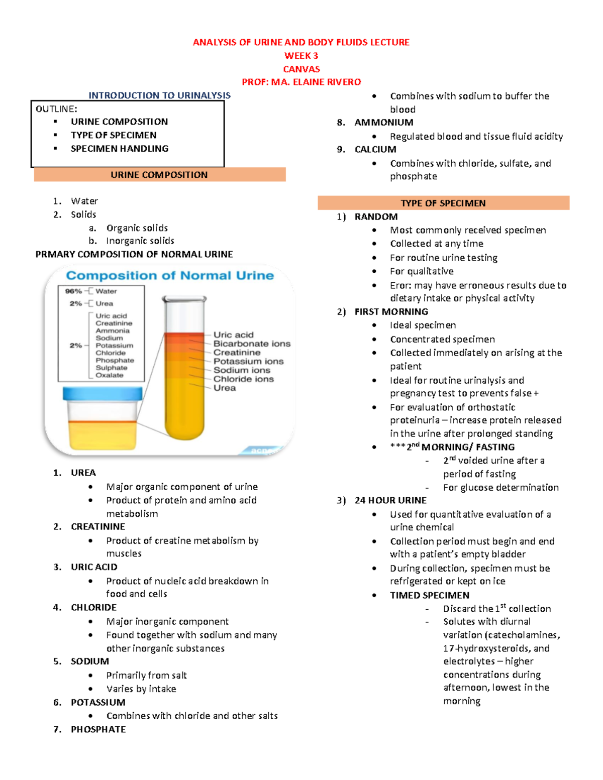 Introduction to Urinalysis | LECTURE NOTES - WEEK 3 CANVAS PROF: MA ...