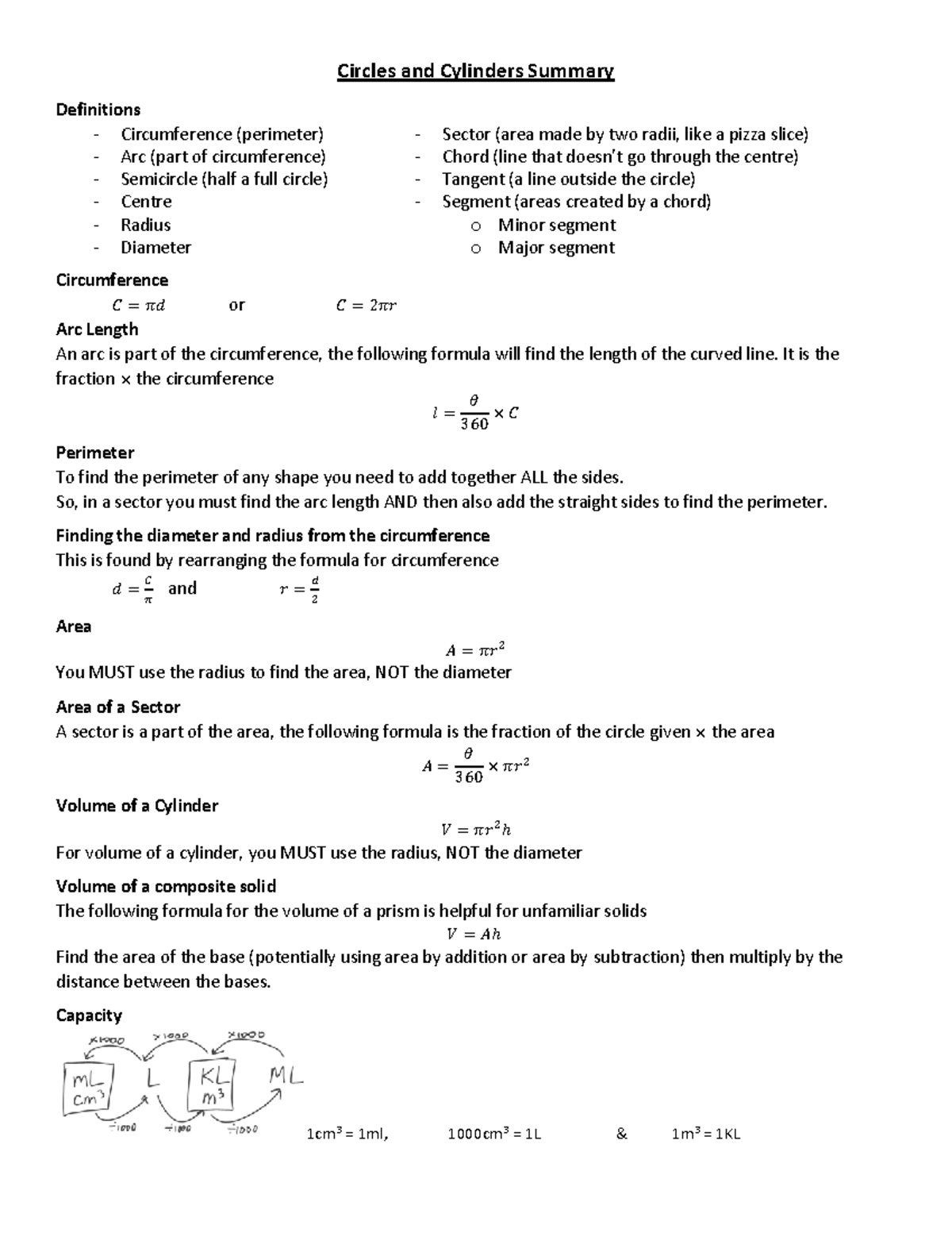 Circles and Cylinders Summary - Circles and Cylinders Summary ...