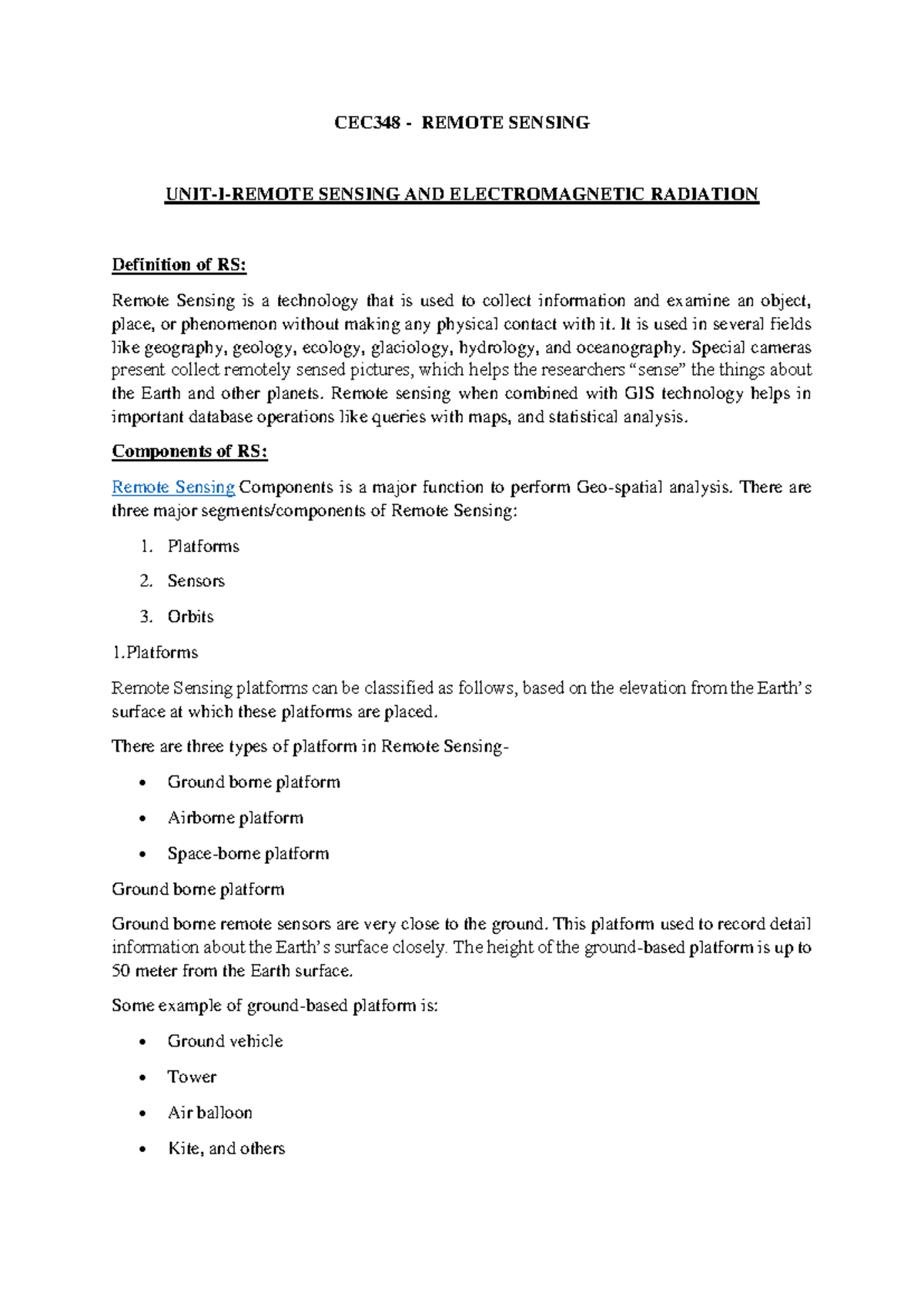 CEC348- Remote Sensing UNIT-1 Notes - CEC348 - REMOTE SENSING UNIT-I ...