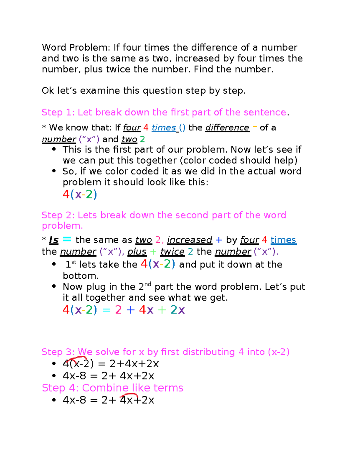 Word Problem Discussion - Word Problem: If four times the difference of ...
