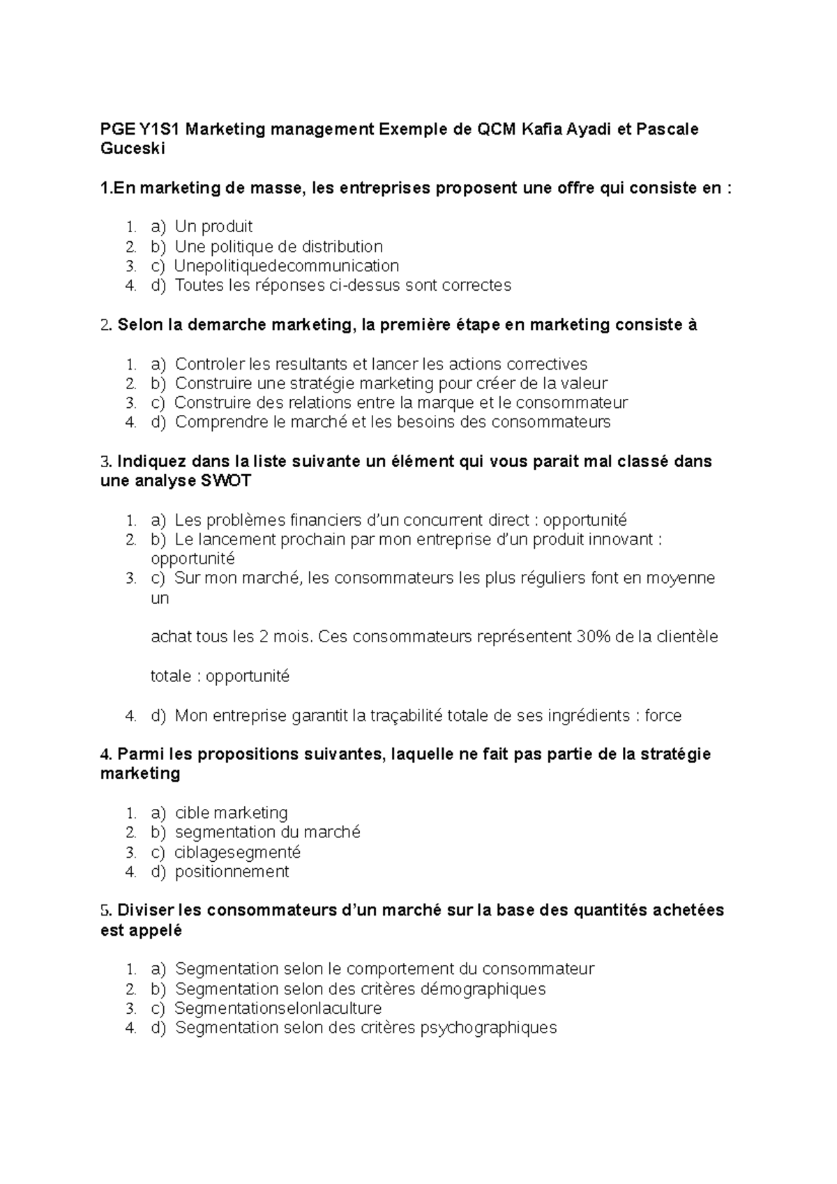 Mid term market - PGE Y1S1 Marketing management Exemple de QCM Kafia ...