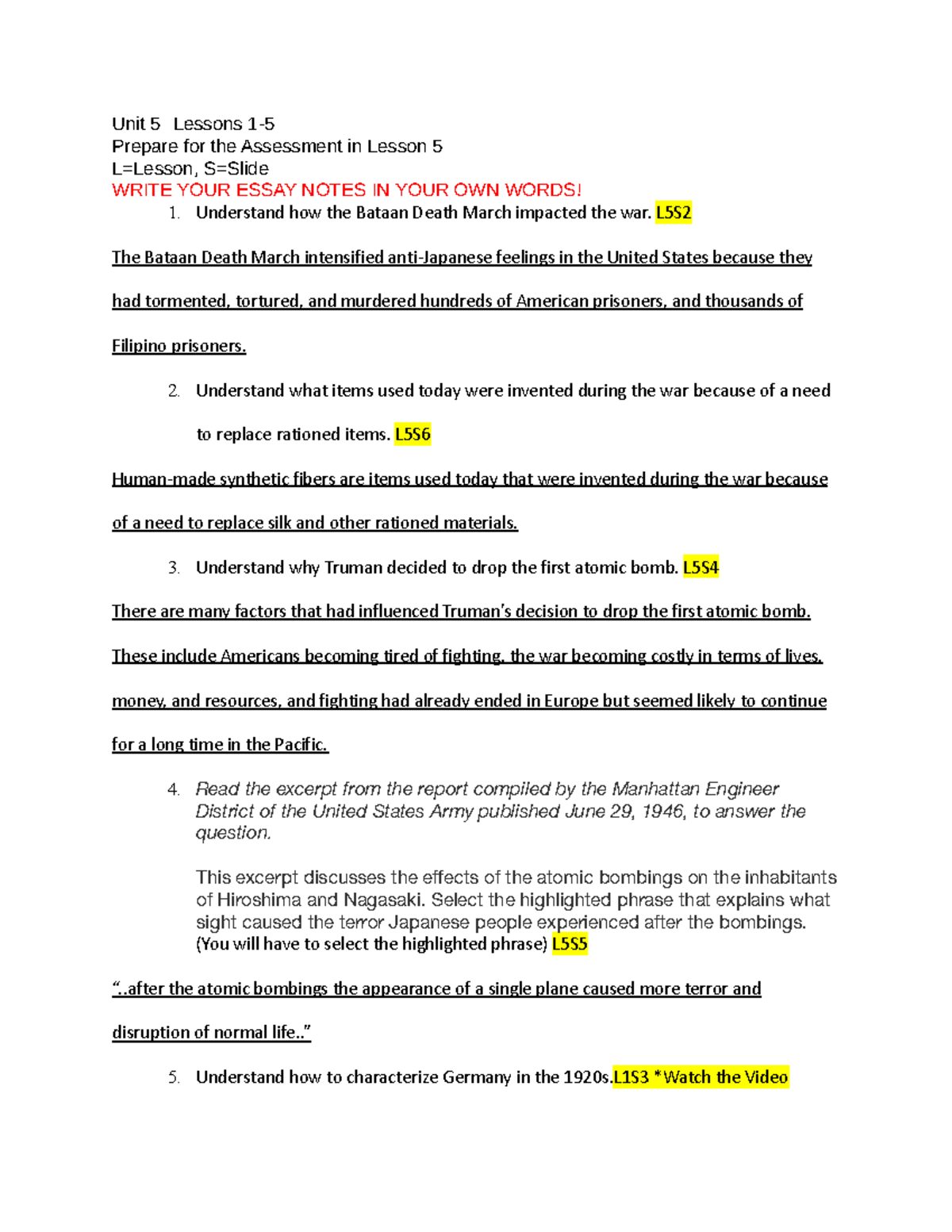 United States History 11 - Unit 5 Quiz Study Guide - Unit 5 Lessons 1 ...