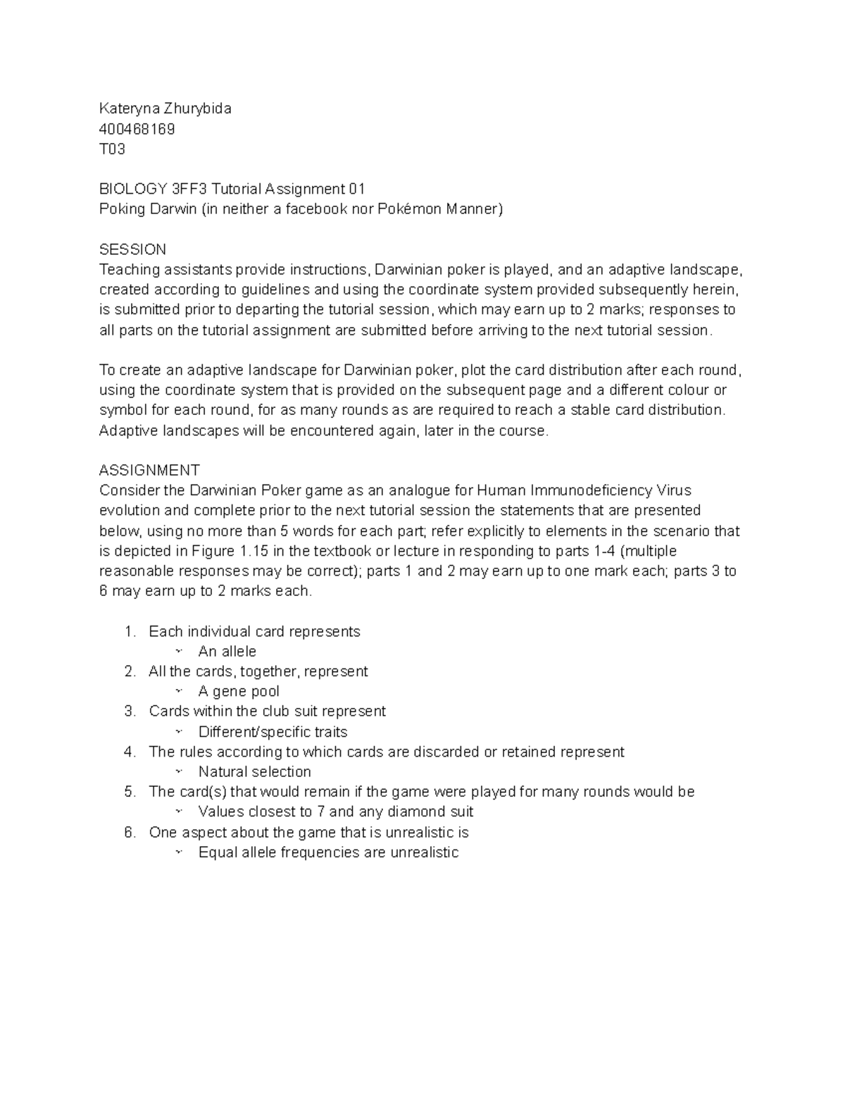 EVOL BIO 3FF3 TUT 1 - In class and take home tutorial assignment for ...