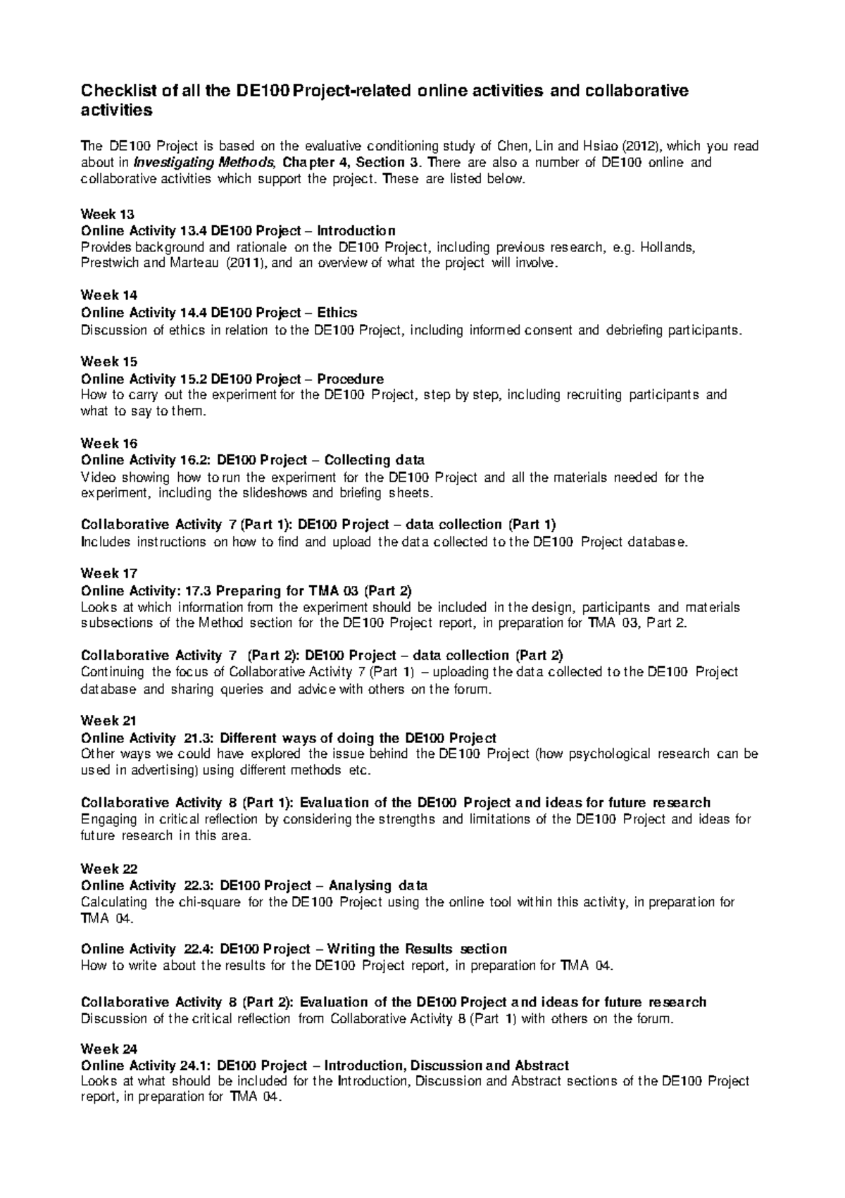 Tma 04 checklist de100 - TMas - Checklist of all the DE100 Project-related online activities and ...