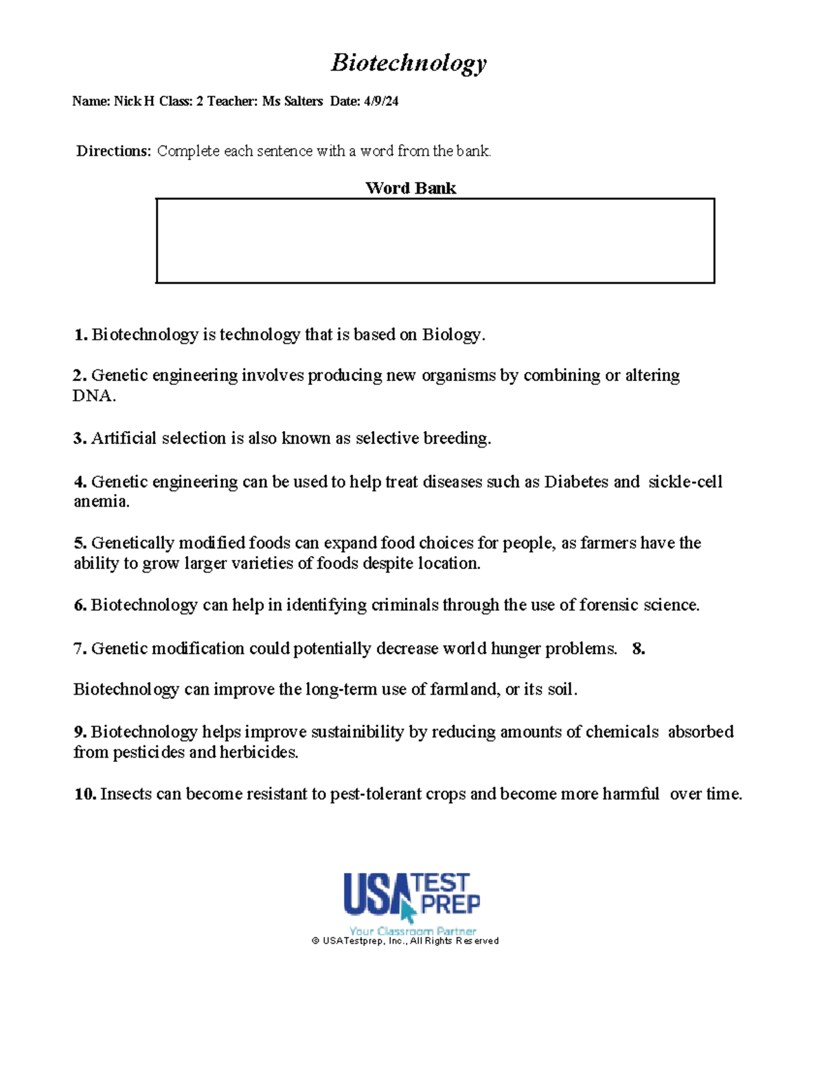 Biotechnology worksheet 2022 - Biotechnology Name: Nick H Class: 2 ...