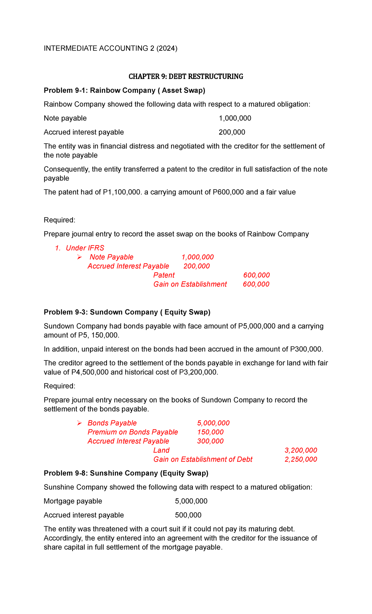 Debt Restructuring - INTERMEDIATE ACCOUNTING 2 (2024) CHAPTER 9: DEBT RESTRUCTURING Problem 9-1 ...