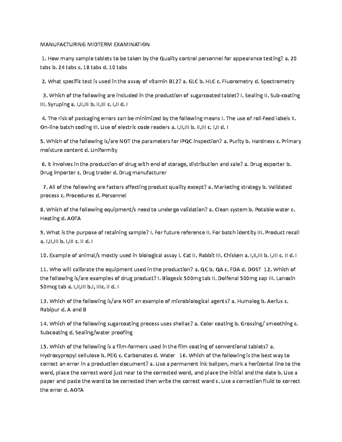 Manufacturing M-WPS Office - MANUFACTURING MIDTERM EXAMINATION How many ...