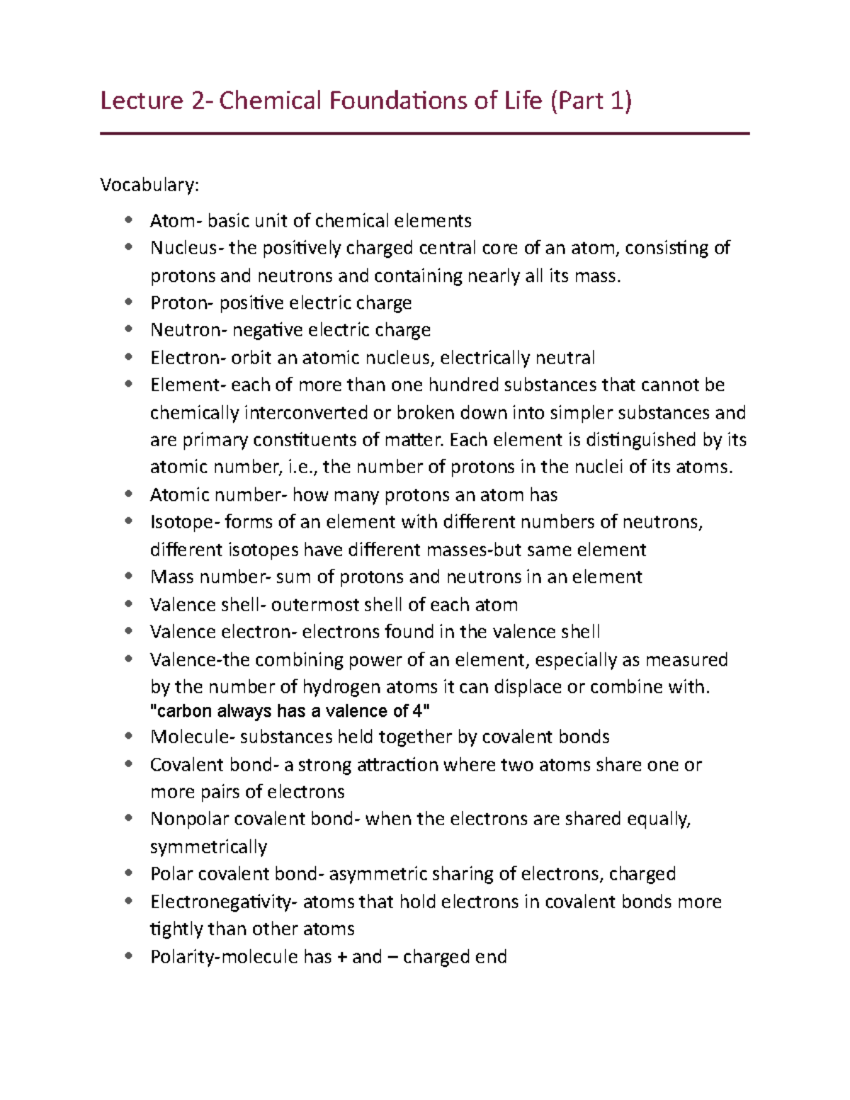 Lecture 2- Chemical Foundation of Life (Part 1) - Proton- positive ...