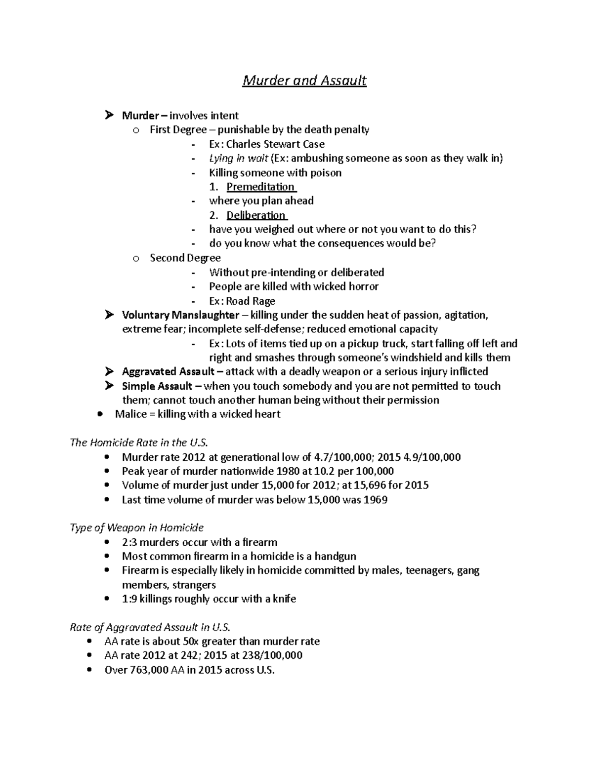 Criminology Notes Chapter 11-14 - Murder and Assault Murder – involves ...