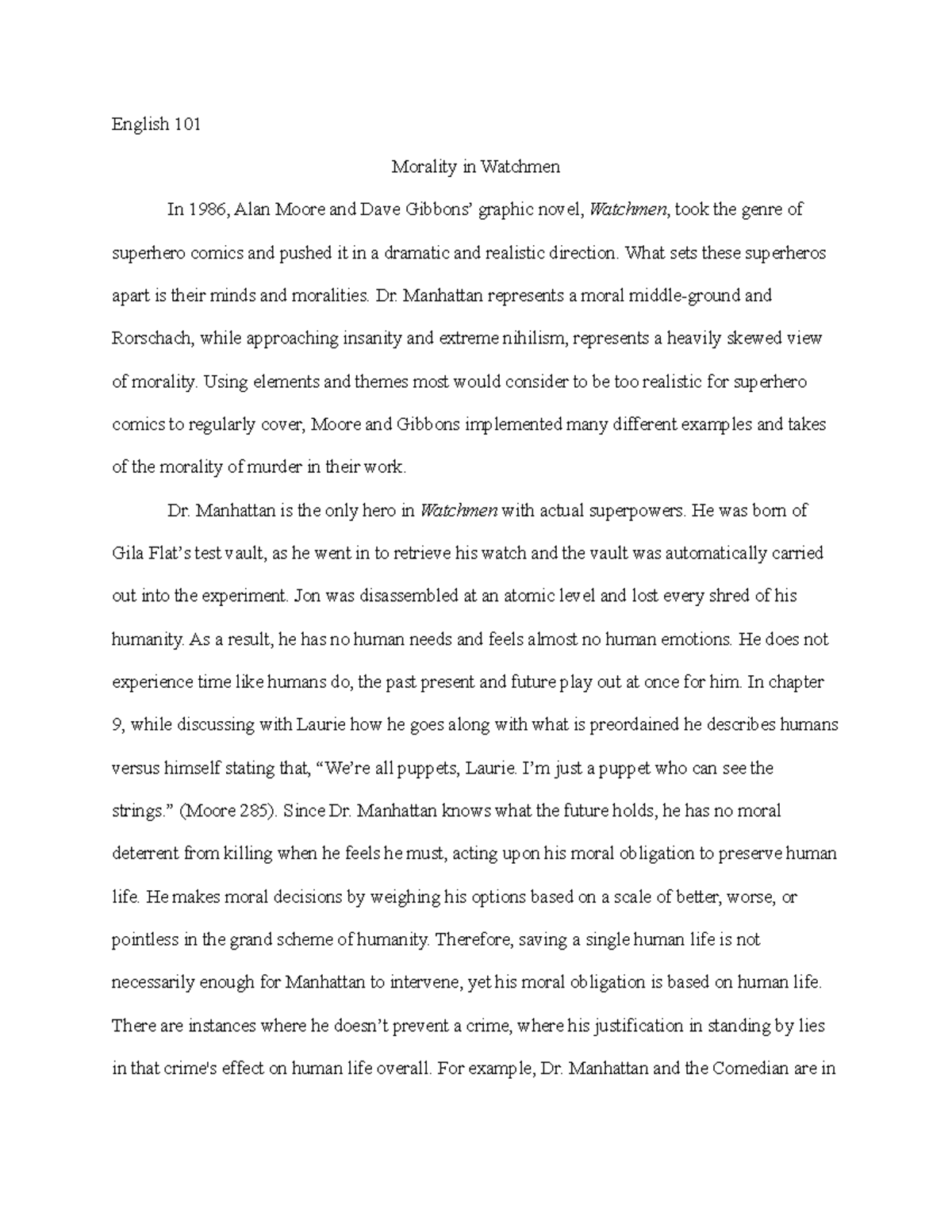Evaluation Analysis of Watchmen - English 101 Morality in Watchmen In ...