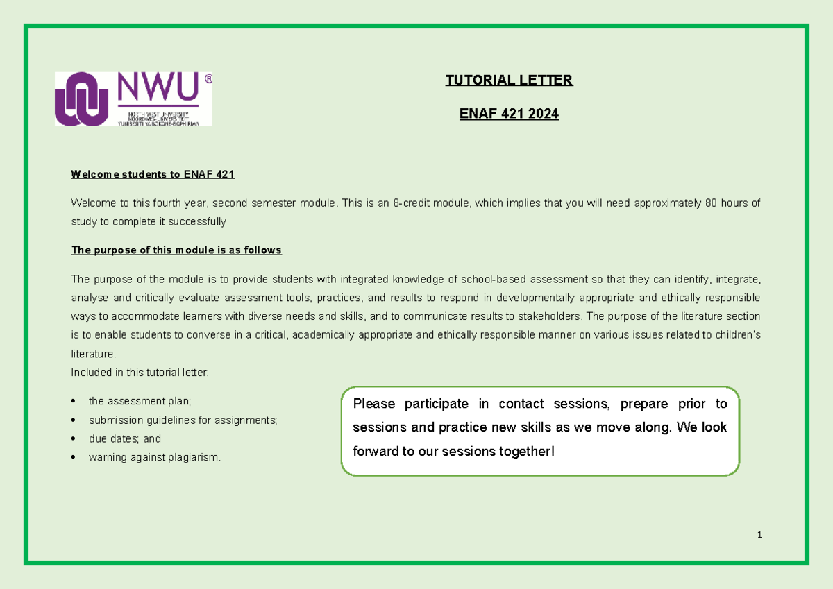 1. ENAF 421 Tutorial Letter 2024 final-1 - TUTORIAL LETTER ENAF 421 ...