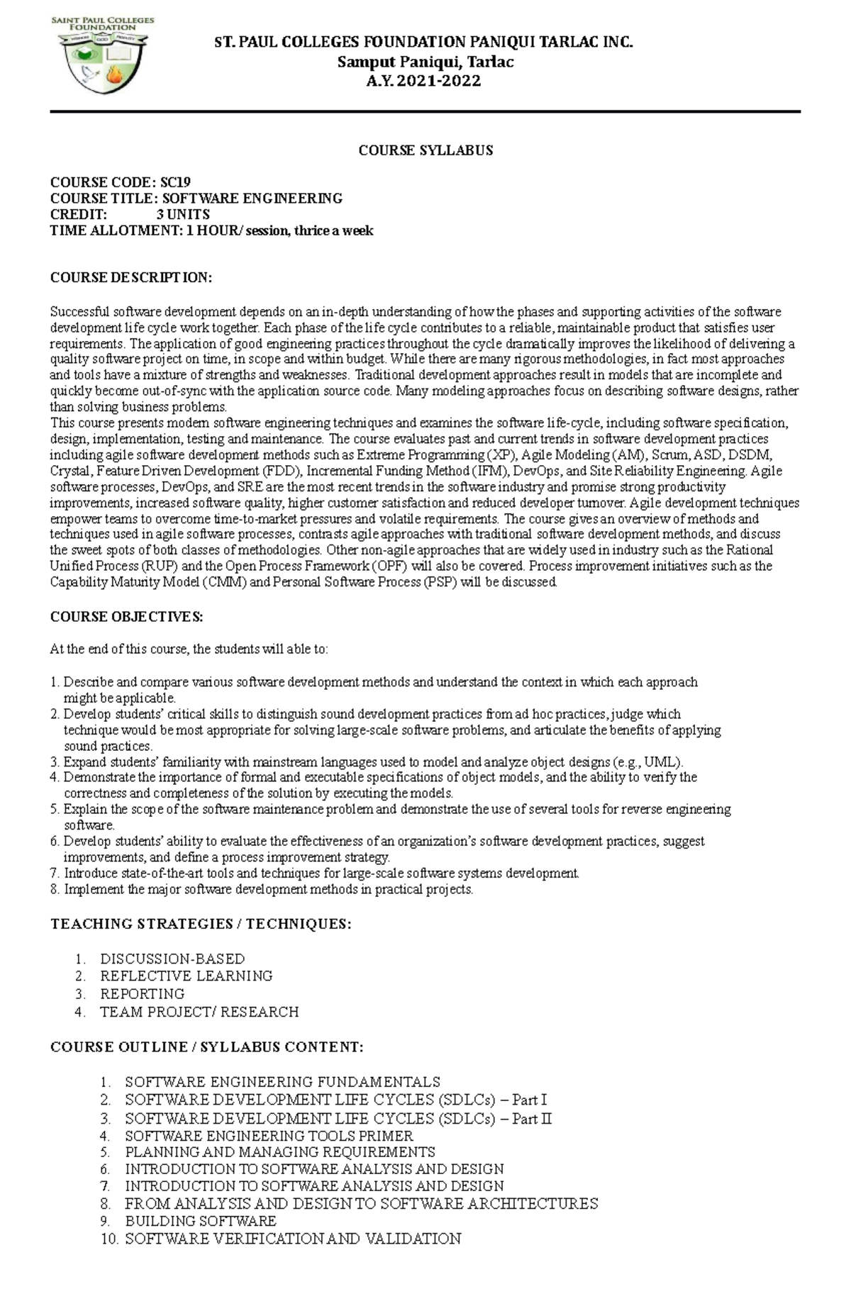 Software Engineering Syllabus - ST. PAUL COLLEGES FOUNDATION PANIQUI ...