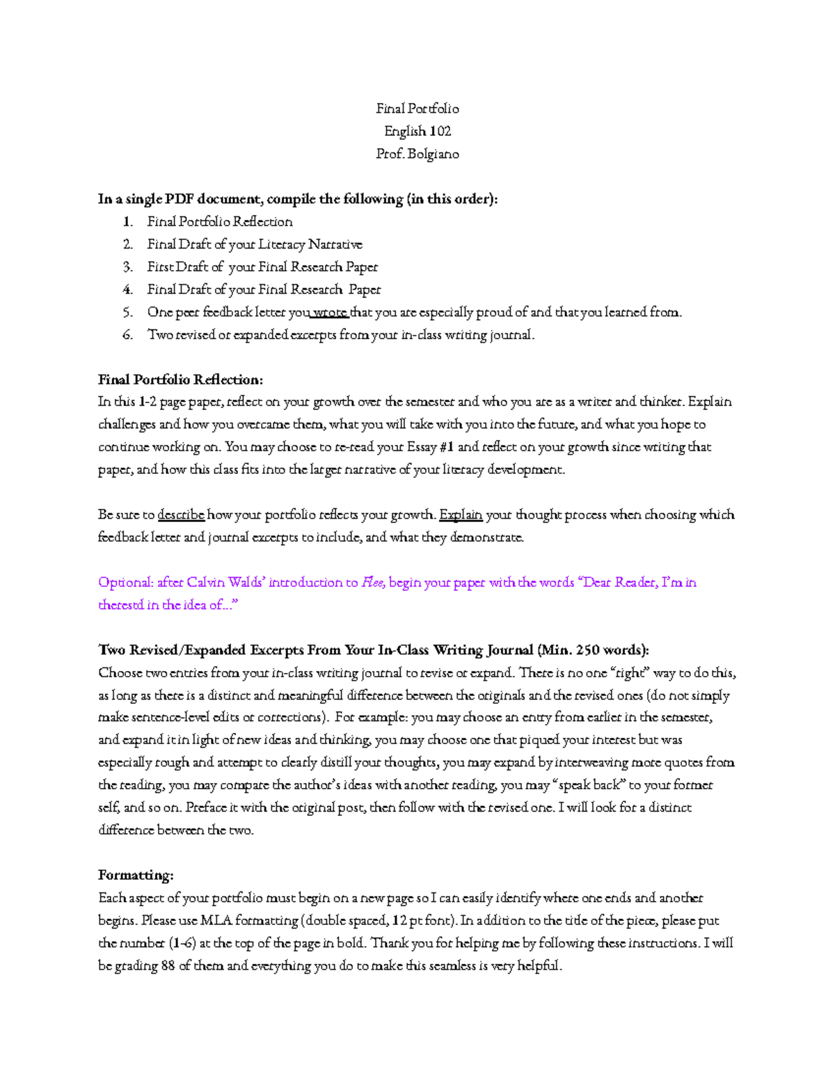 102 Final Portfolio - Final Portfolio English 102 Prof. Bolgiano In a ...