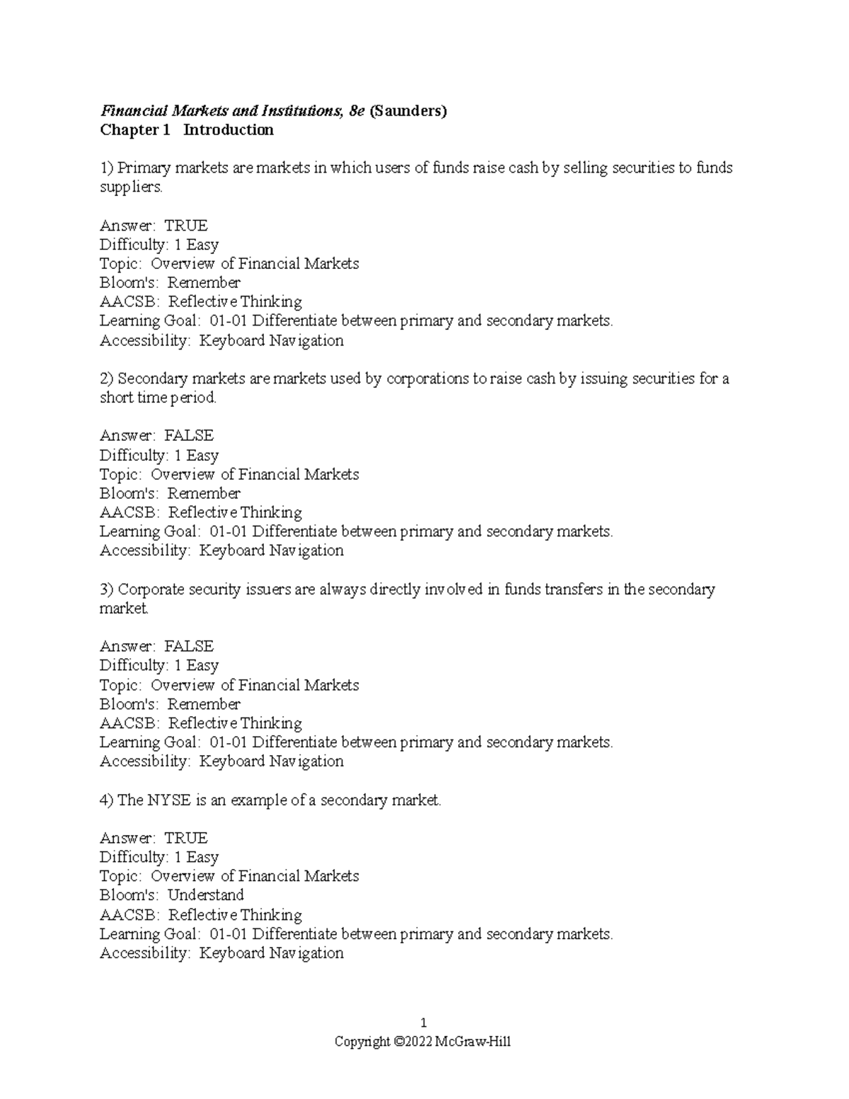 Chapter 01 TB Answer Key - Financial Markets and Institutions, 8e (Saunders) Chapter 1 ...