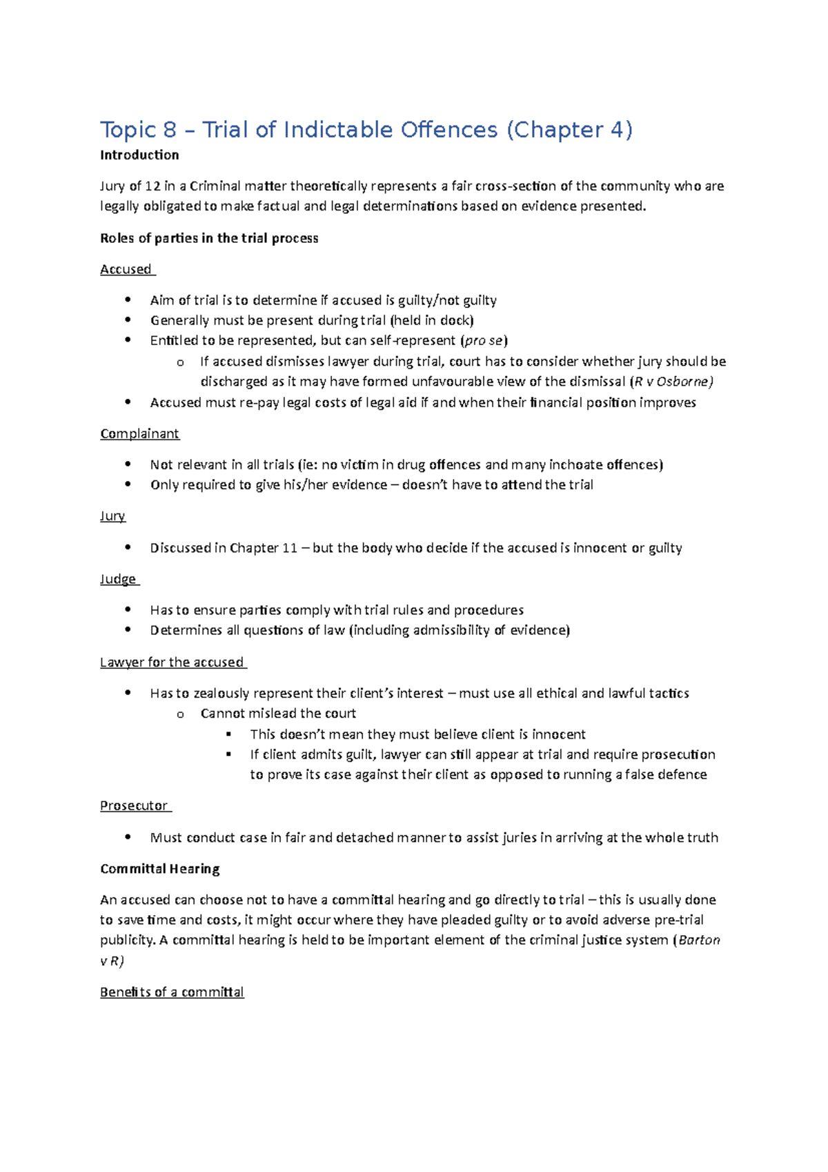 Trial of Indictable Offences (SUMMARY) - Topic 8 – Trial of Indictable ...