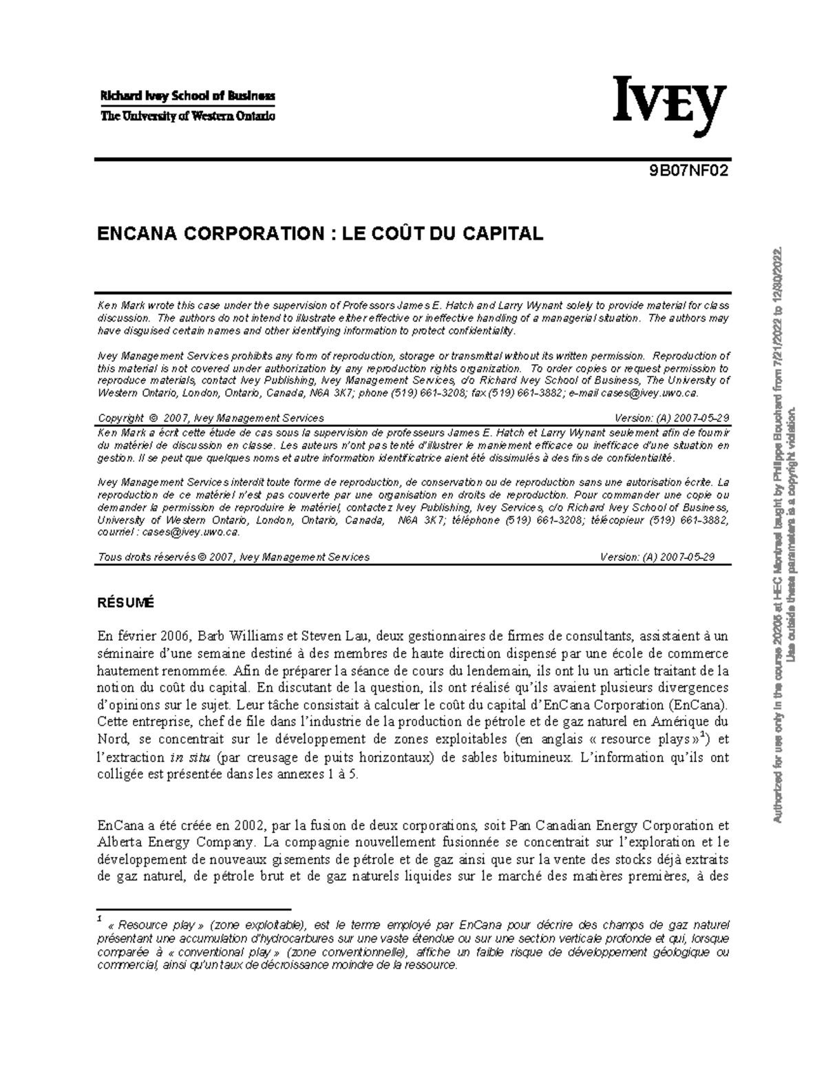 cas en classe Encana - 9B07NF ENCANA CORPORATION : LE COÛT DU CAPITAL ...