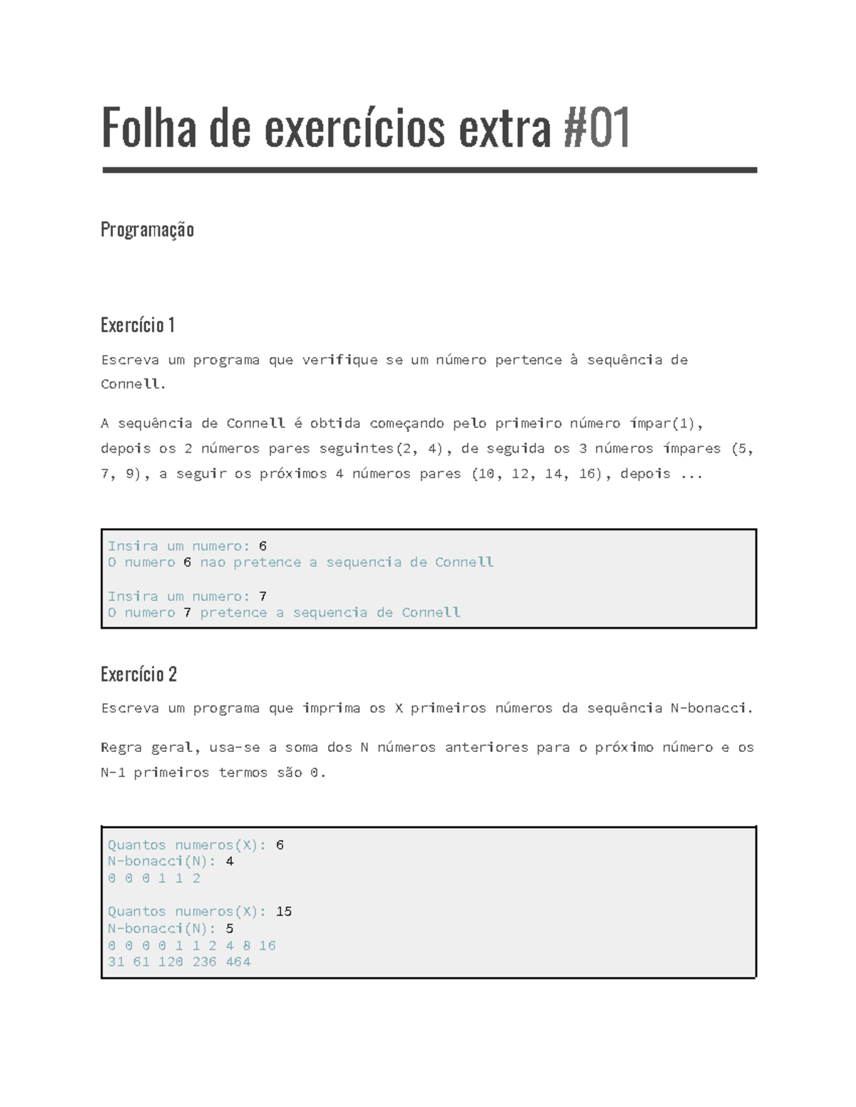 Ficha de Programação - Folha de exercícios extra Programação LEEC Made ...