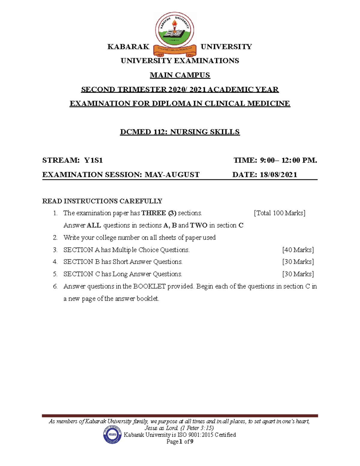 Dcmed 112 Nursing Skills - KABARAK UNIVERSITY UNIVERSITY EXAMINATIONS ...