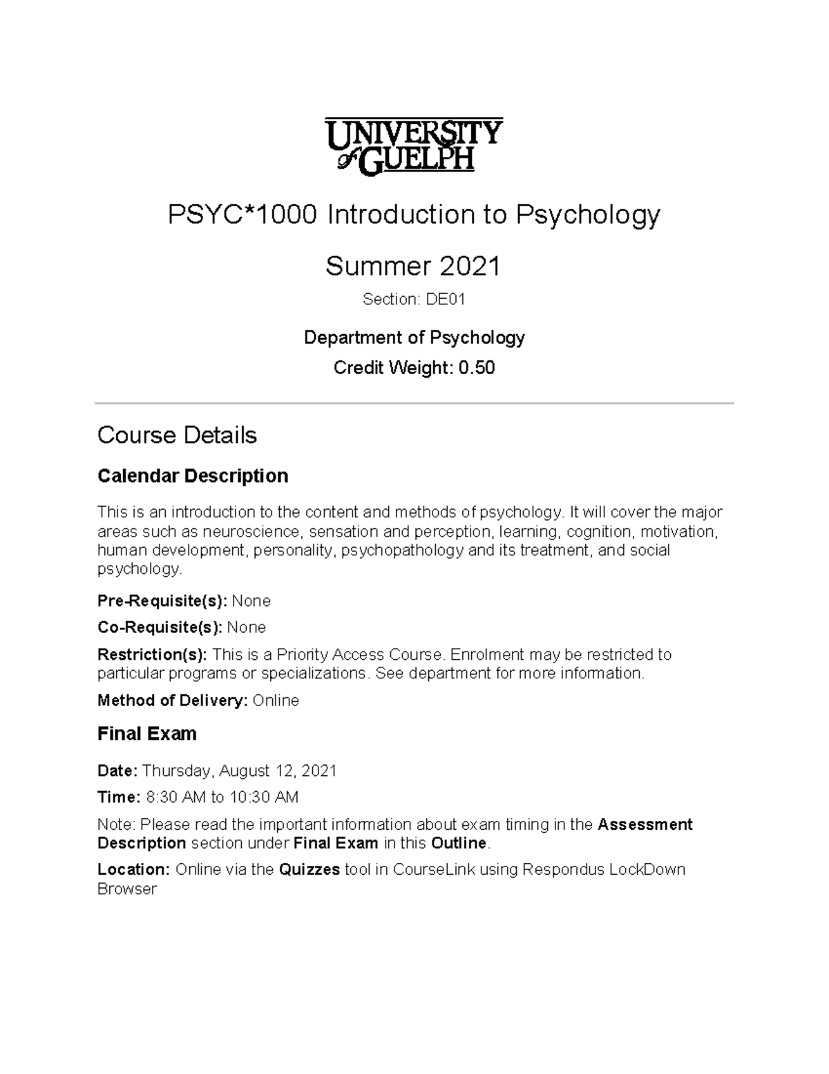 Course Outline PSYC1000 DE01 S21 - PSYC*1000 Introduction to Psychology ...