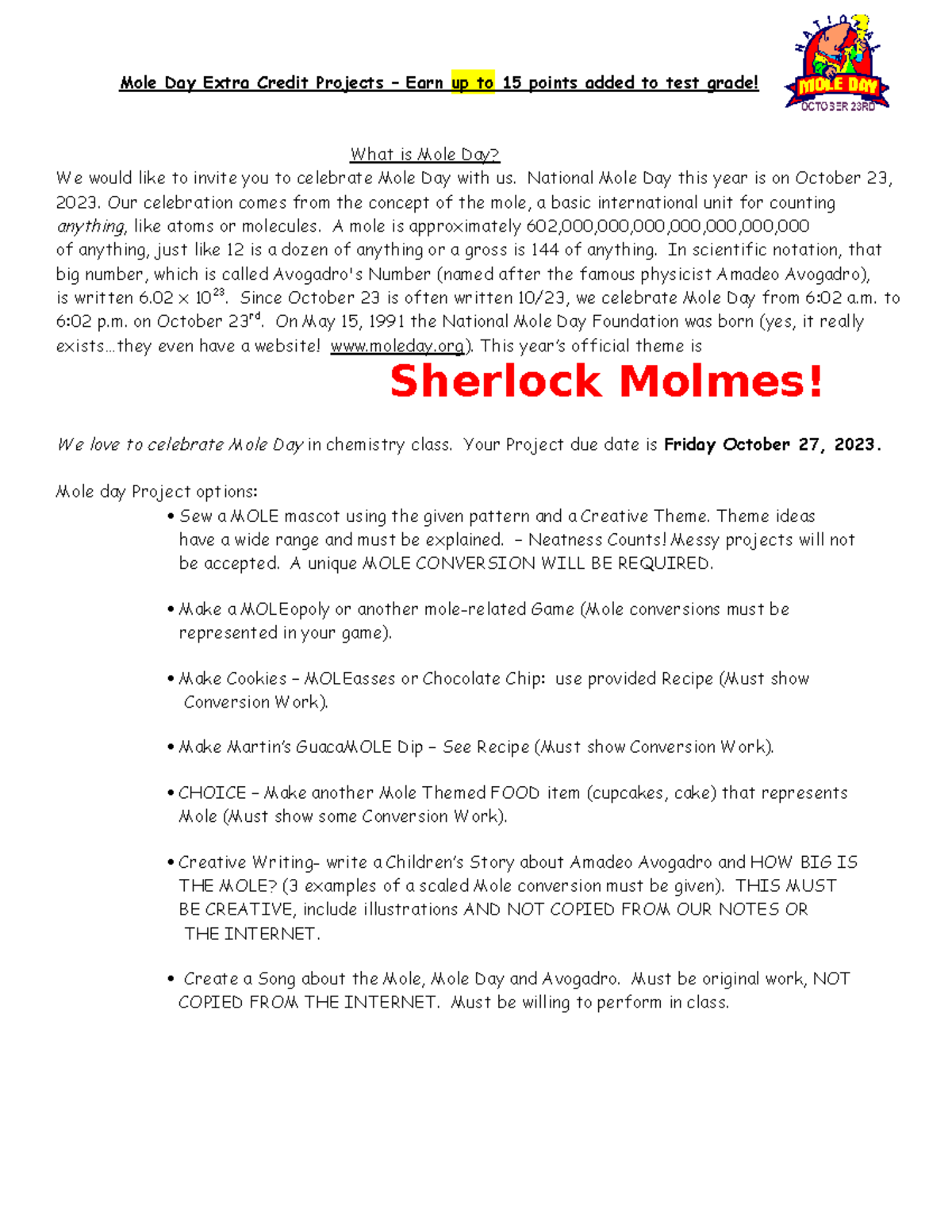 Mole Day Fall 2023 - Mole Day Extra Credit Projects – Earn up to 15 ...