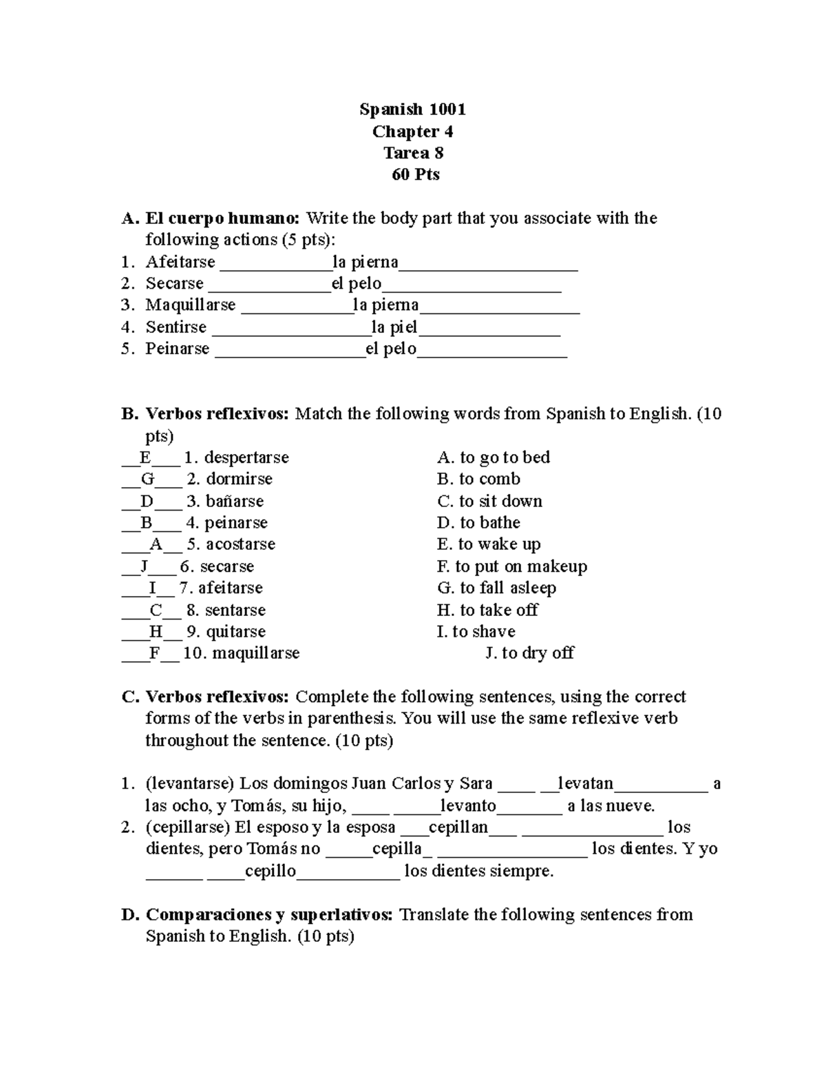 Tarea 8 - Spannish - Spanish 1001 Chapter 4 Tarea 8 60 Pts A. El cuerpo ...
