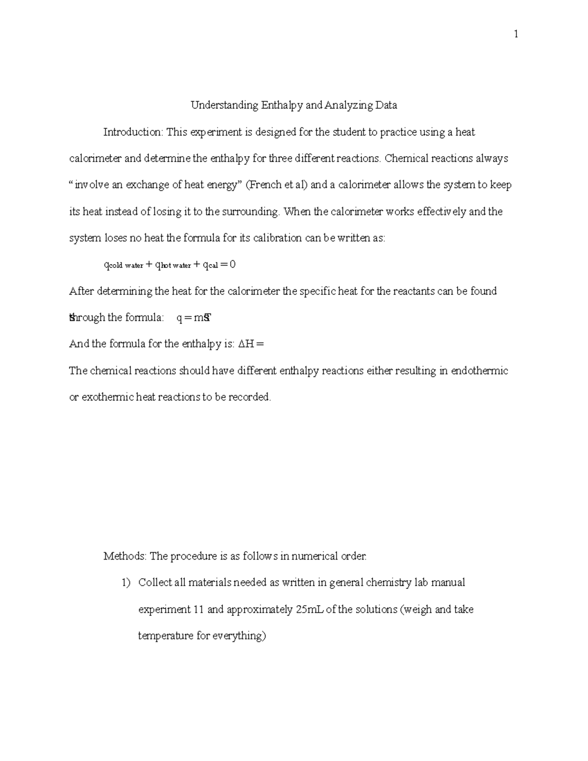 CHE 113 Experiment 11 Full Lab Report: Enthalpy - 1 Understanding Enthalpy and Analyzing Data ...