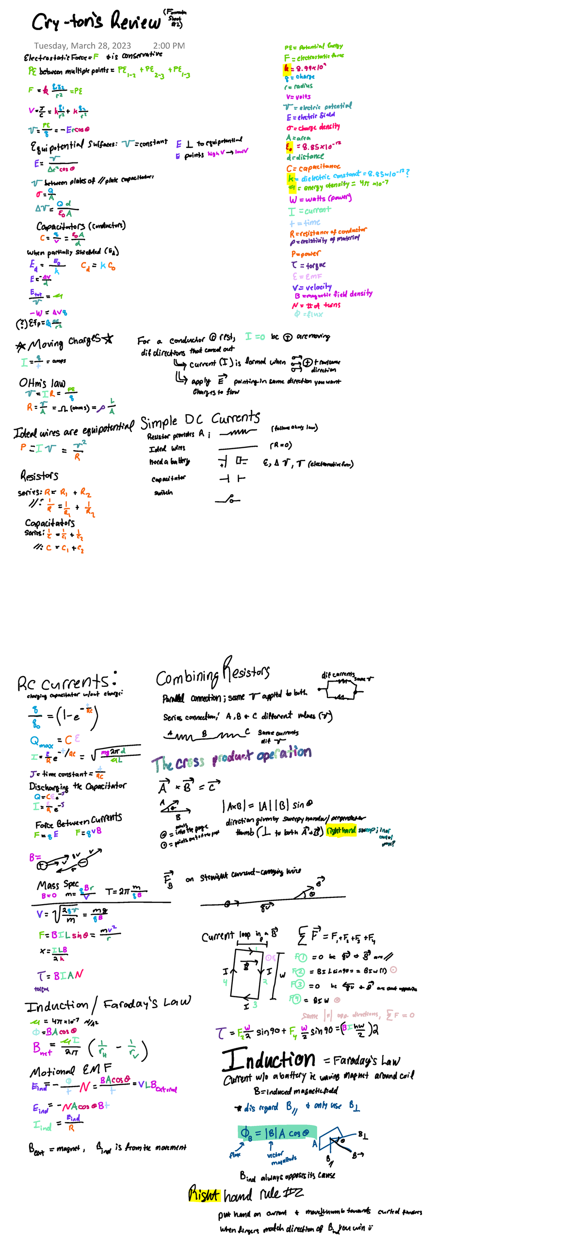 Formula sheet 2 - Physics 2 Exam 2- Prof. Kriton Papivisilou - PHYS2206 - Tuesday, March 28 ...