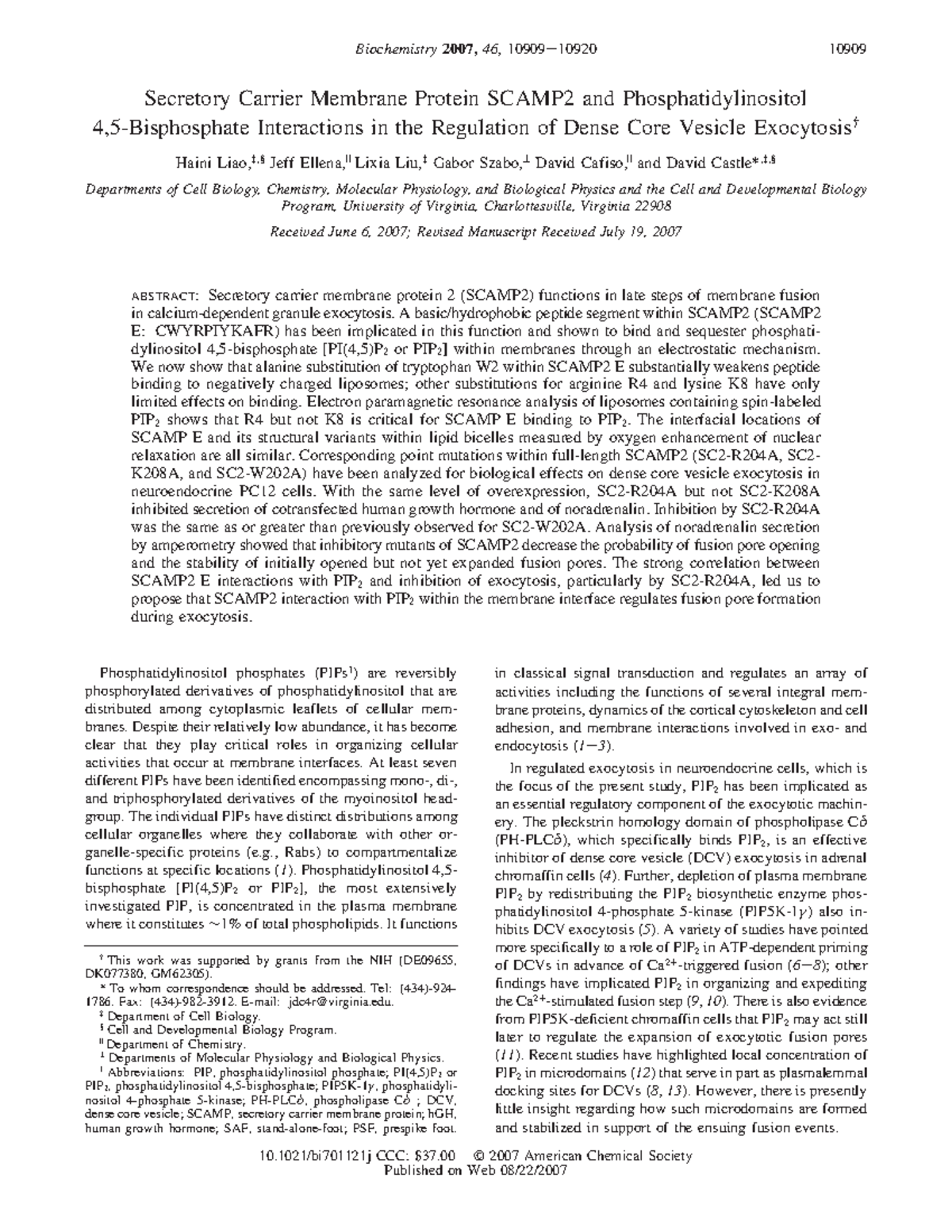 Secretory Carrier Membrane Protein Scamp 2 and Phosphatidylinositol 4,5 ...