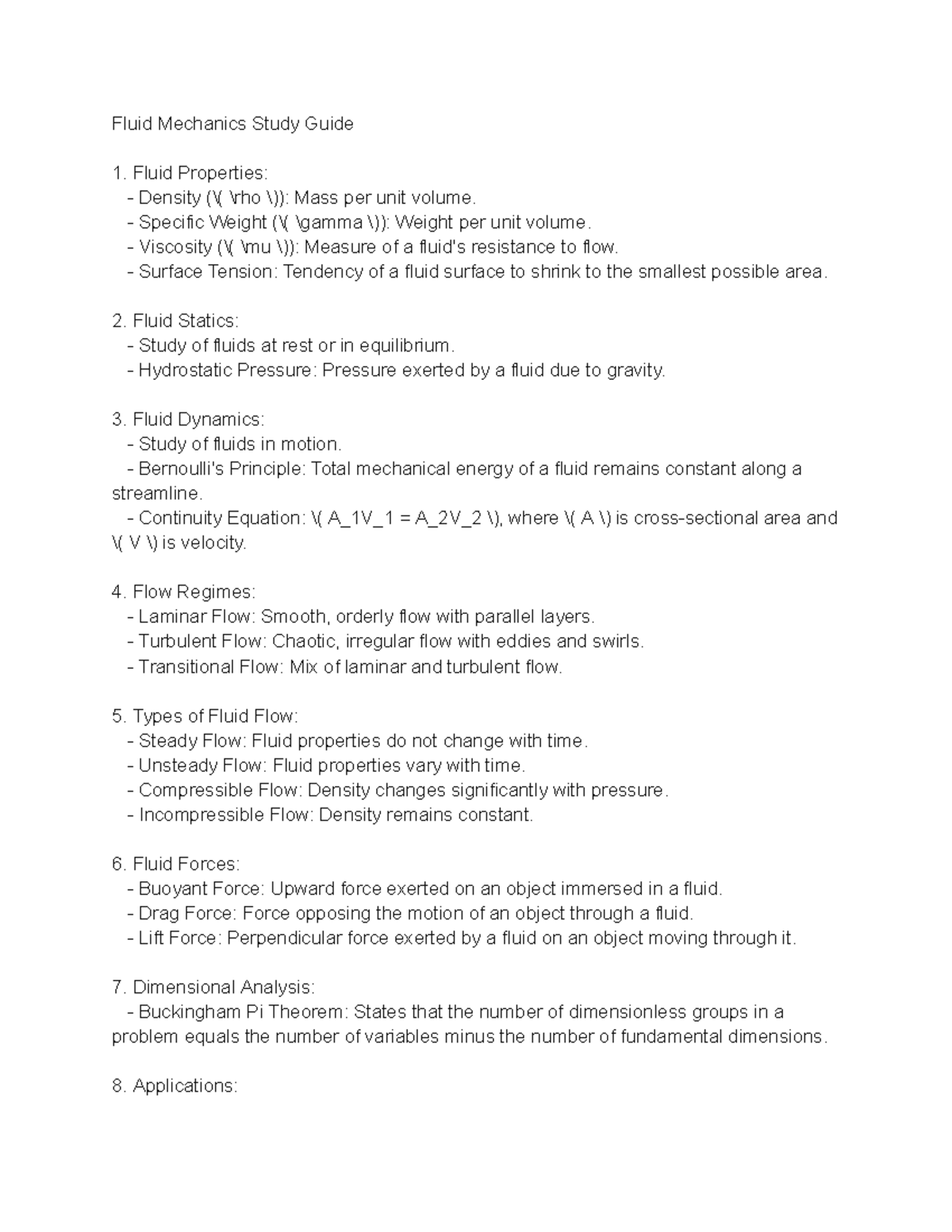 Fluid Mechanics Study Guide - Fluid Mechanics Study Guide Fluid ...
