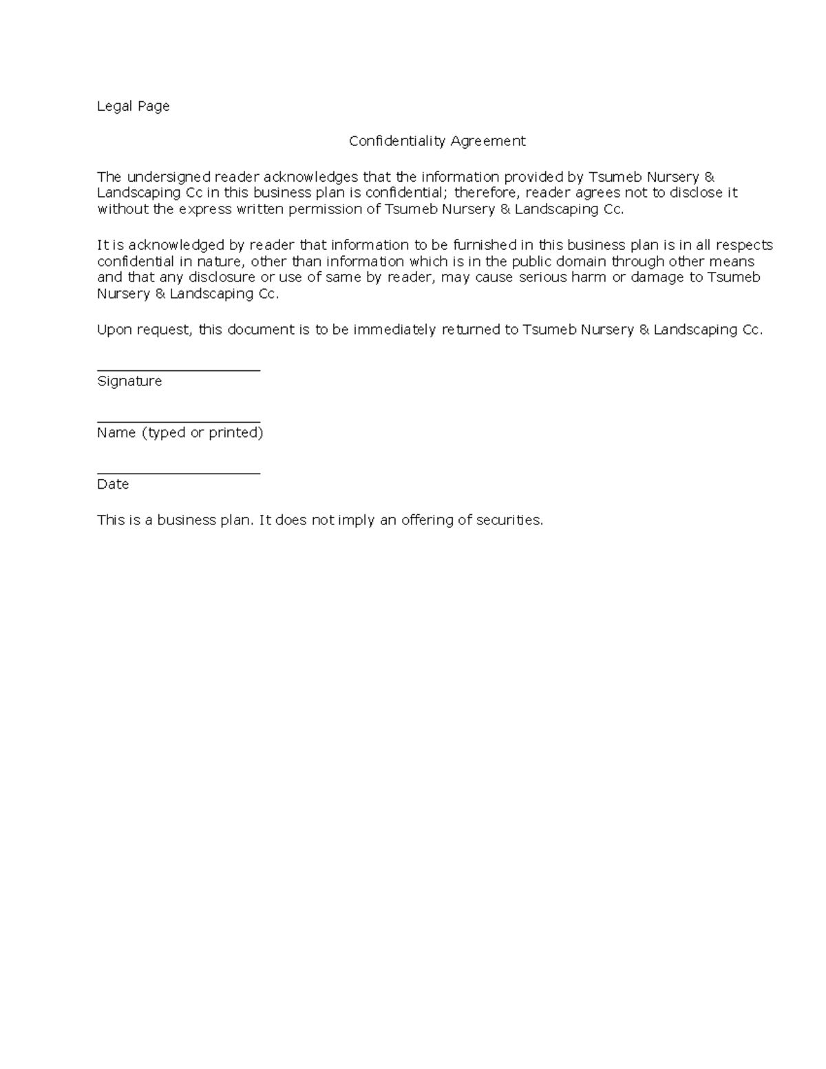 Garden nursery business plan - Legal Page Confidentiality Agreement The ...