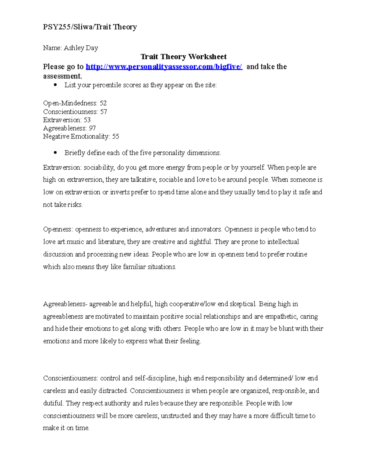 Trait Theory defining the five personality dimensions - PSY255/Sliwa ...