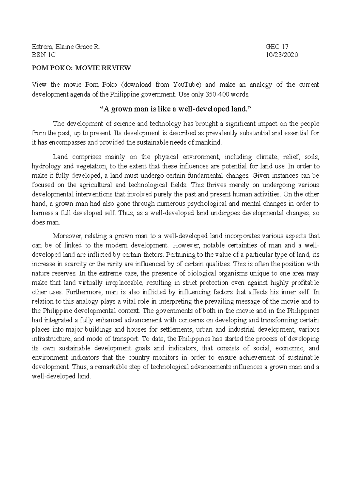 Estrera, EG- Movie Review - Estrera, Elaine Grace R. GEC 17 BSN 1C 10 ...