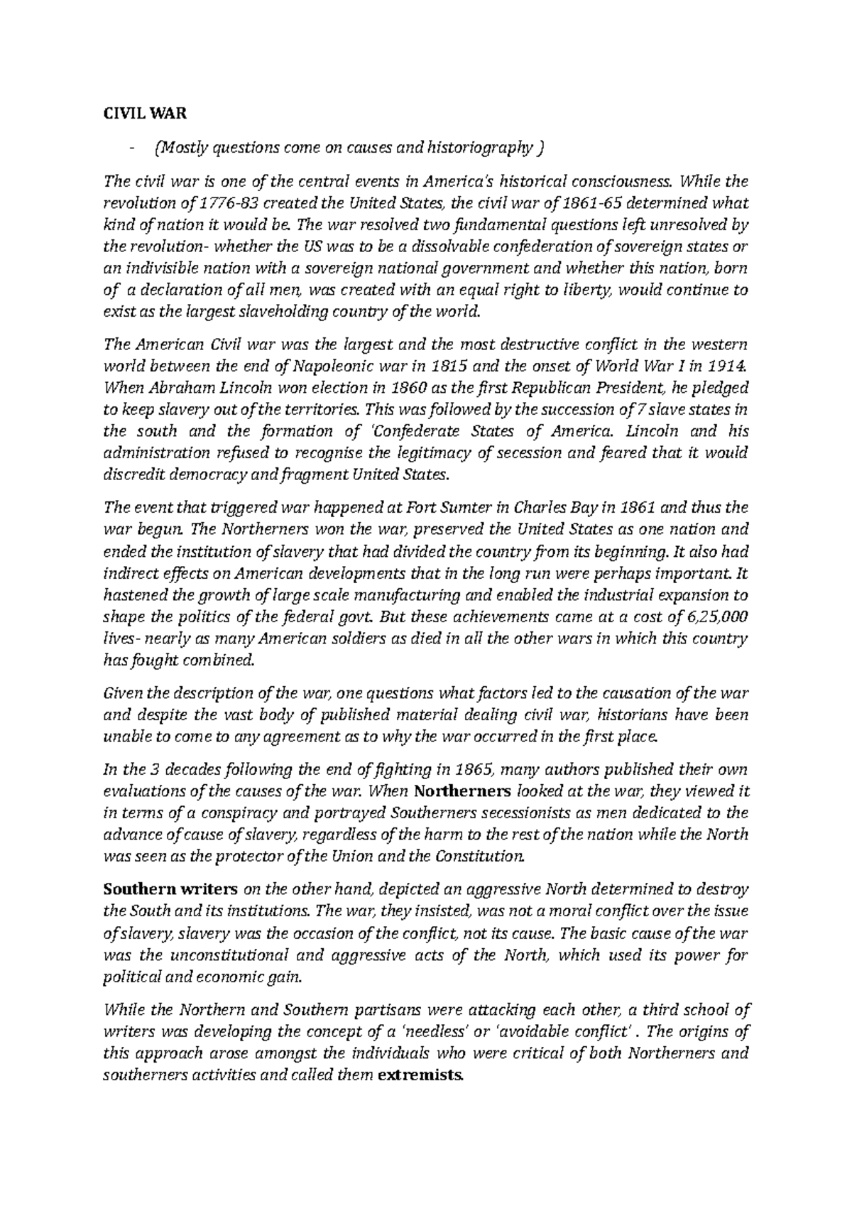 Civil WAR - Assignment work - CIVIL WAR (Mostly questions come on ...