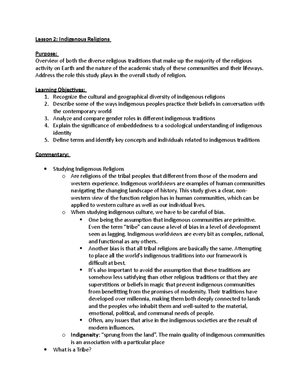 Religions Notes for First Test - Lesson 2: Indigenous Religions Purpose ...