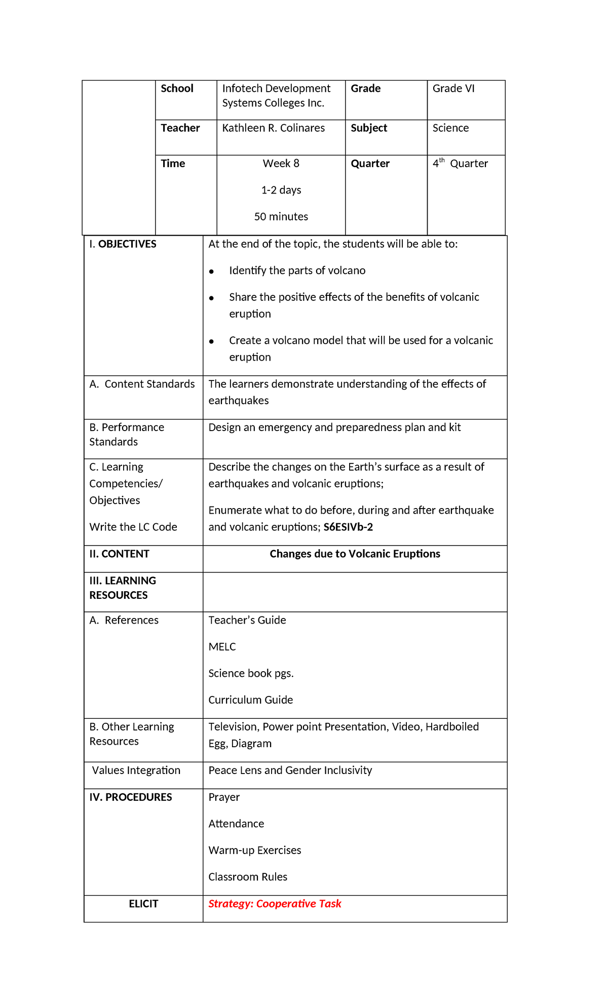 Science lesson plan for elementary students - I. OBJECTIVES At the end ...