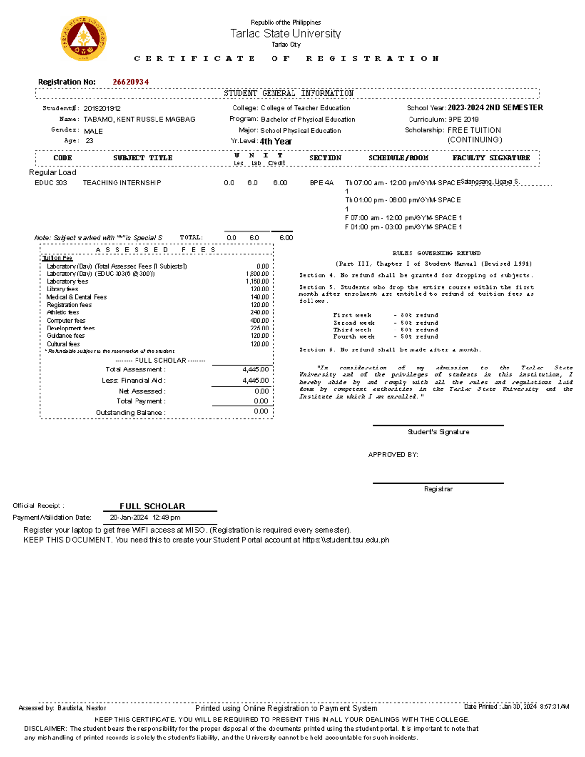 COR - C E R T I F I C A T E O F R E G I S T R A T I O N Tarlac State ...