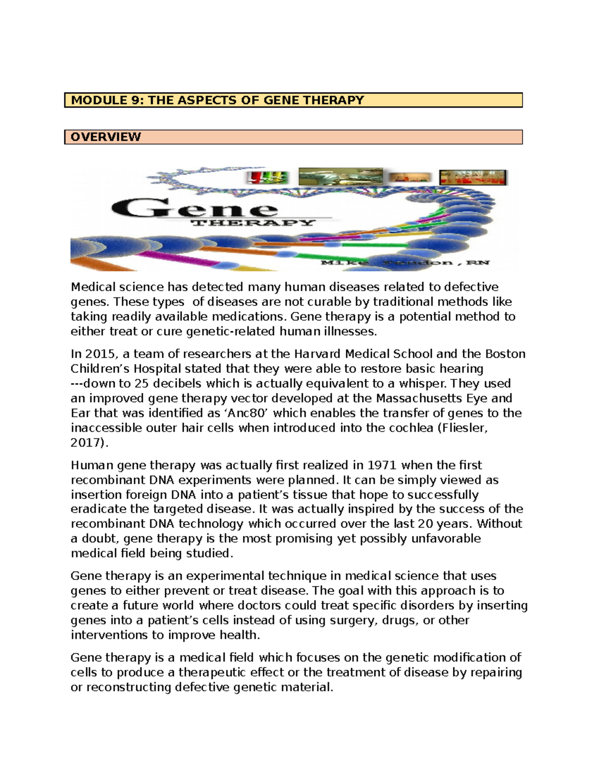 Module-9 - Notes - MODULE 9: THE ASPECTS OF GENE THERAPY OVERVIEW ...