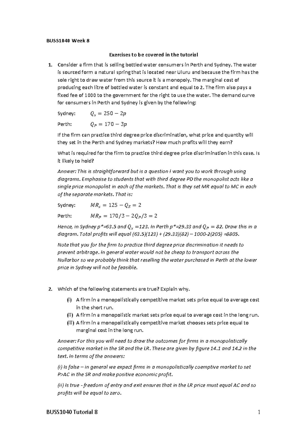 Tutorial 8 answers - week 8 ans - BUSS1040 Week 8 Exercises to be covered in the tutorial ...