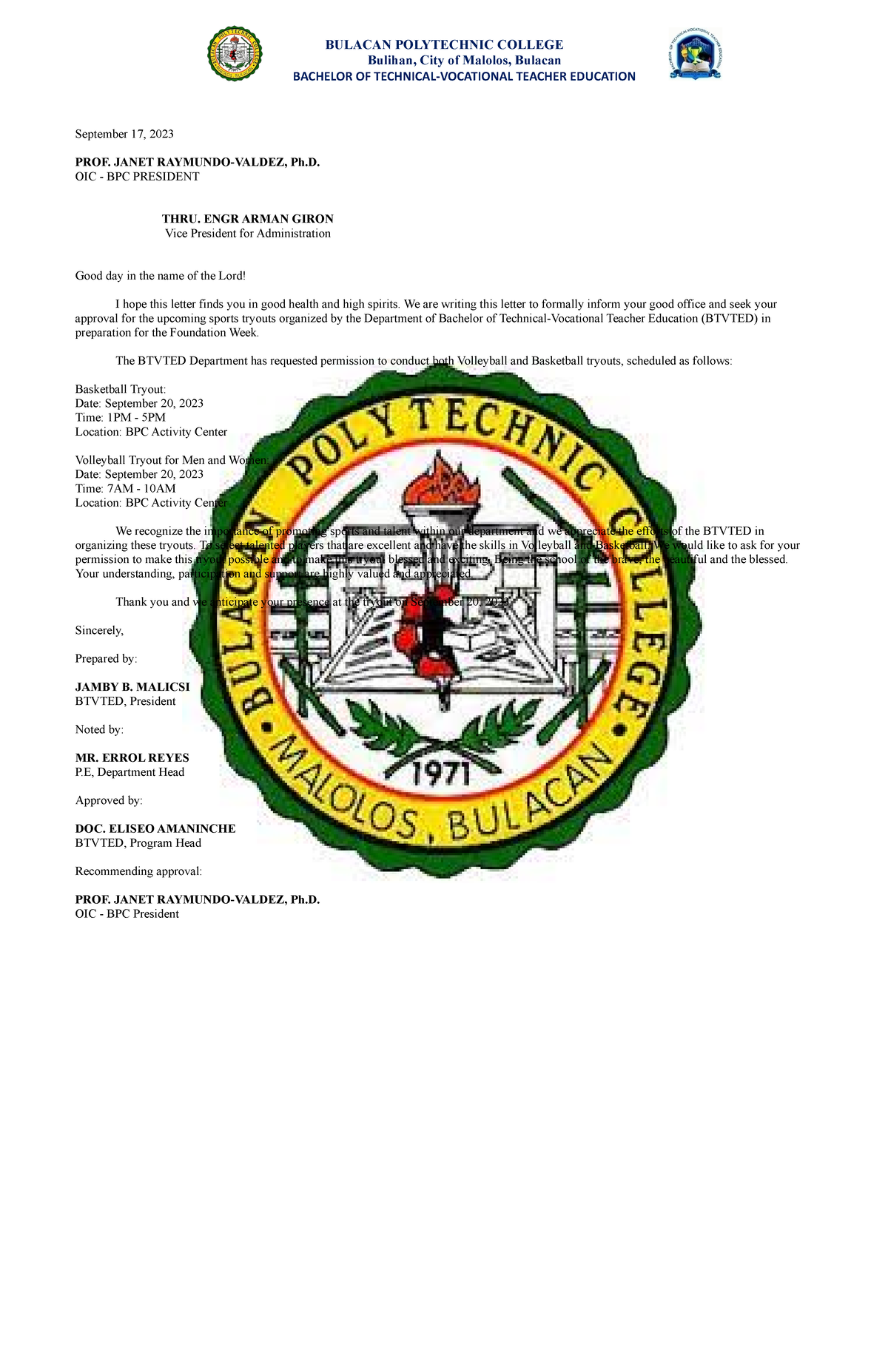 Tryout Letter - no idk - BULACAN POLYTECHNIC COLLEGE Bulihan, City of ...