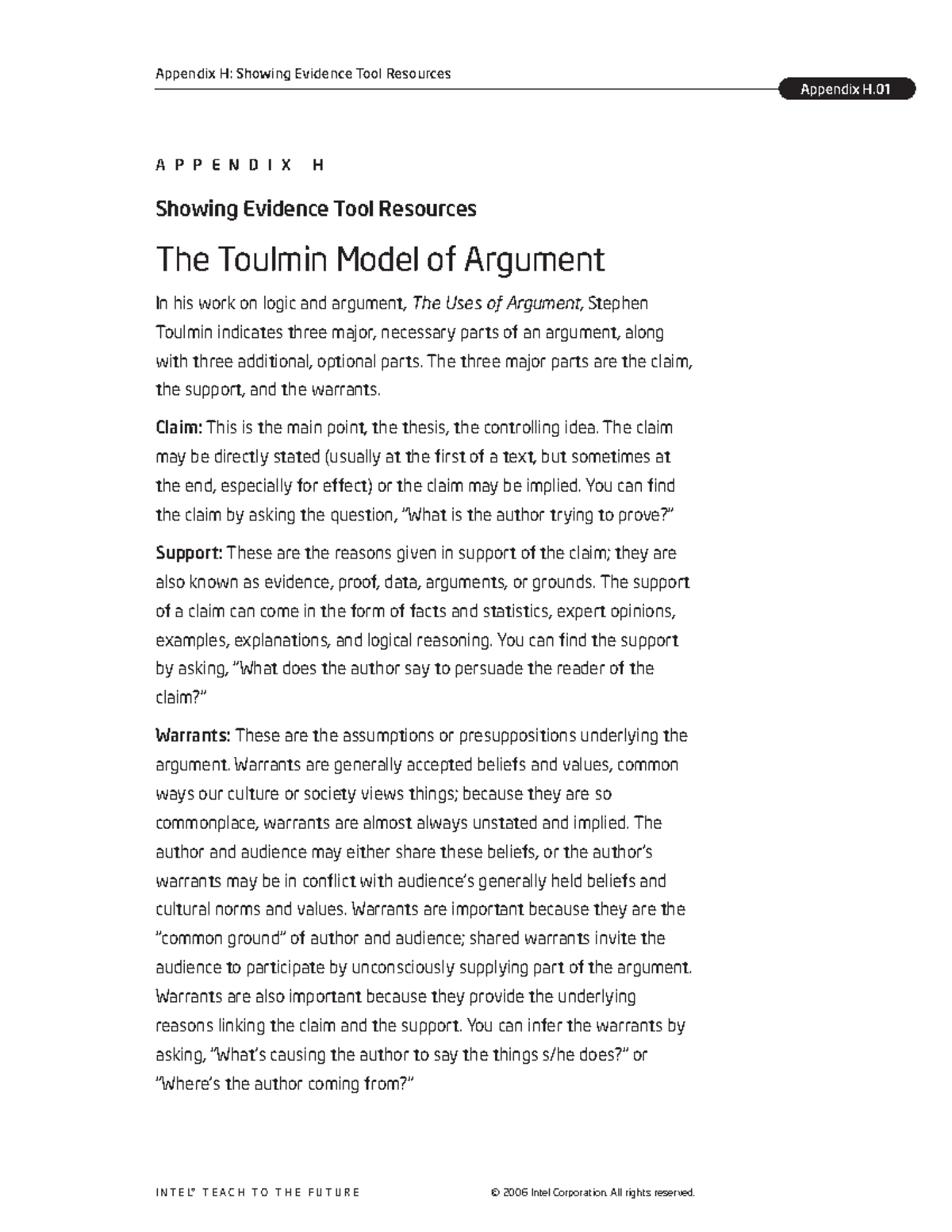 Toulmin-argument-example - A P P E N D I X H Showing Evidence Tool Resources The Toulmin Model ...