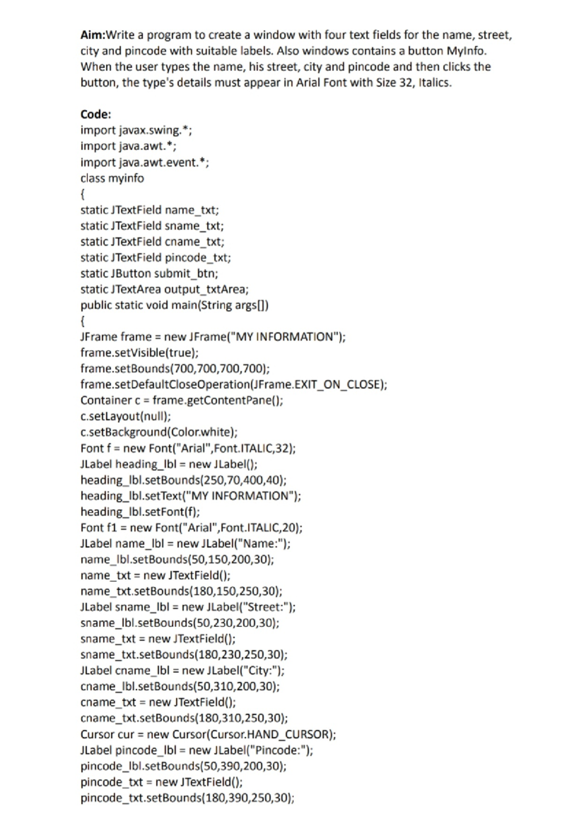 Java Experiment 18 Aimwrite A Program To Create A Window With Four Text Fields For The Name
