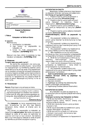 Q4 ESP 8 Week 1 2 - Module - W1& Learning Area Edukasyon sa Pagpapakatao Grade Level 8 Quarter ...