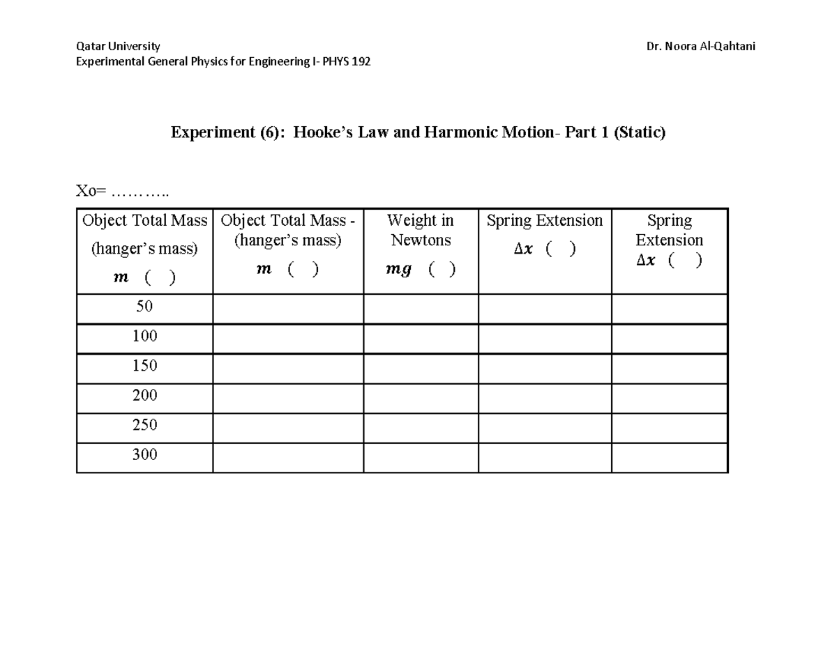 Table for Experiment (6)-Hooke’s Law and Harmonic Motion - Experemintal ...