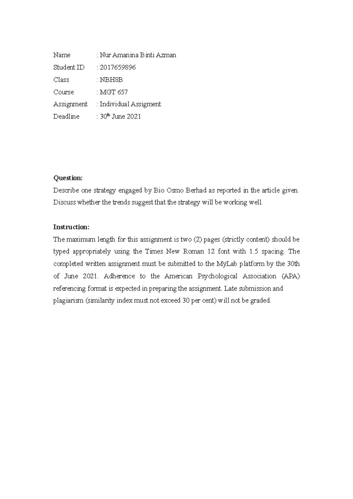 Mgt657 individual assigment - Name : Nur Amanina Binti Azman Student ID ...