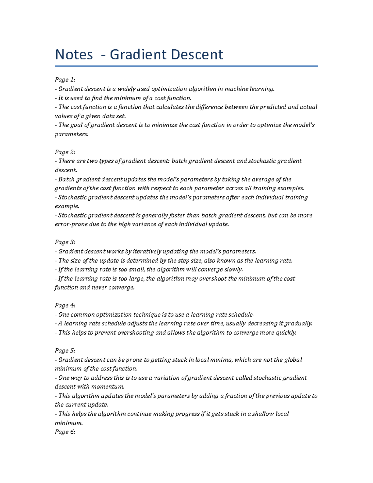 Lecture notes - Gradient Descent - Notes - Gradient Descent Page 1 ...