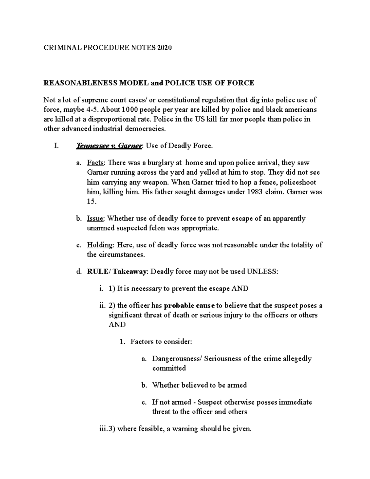 Reasonableness Model and Police USE OF Force - CRIMINAL PROCEDURE NOTES ...