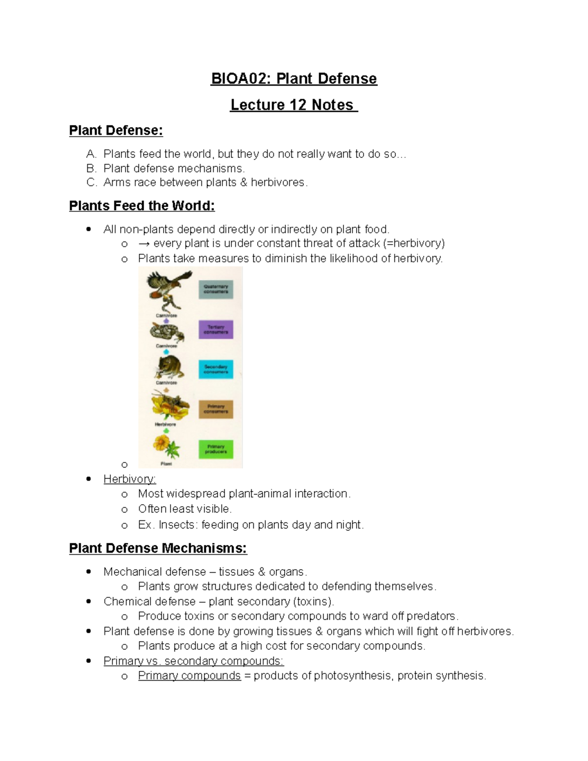 BIOA02 Lecture 12 Notes - BIOA02: Plant Defense Lecture 12 Notes Plant ...