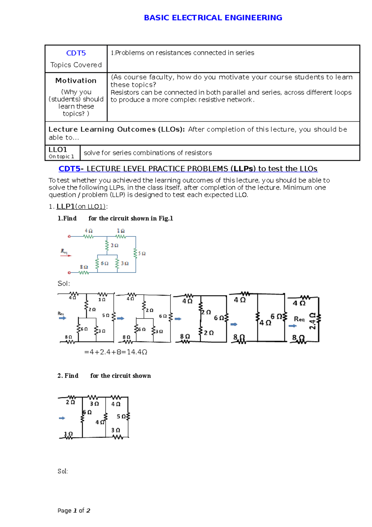 BEE CDT5 Summary 2CE1 2021-22 - BASIC ELECTRICAL ENGINEERING CDT Topics Covered 1 on resistances ...