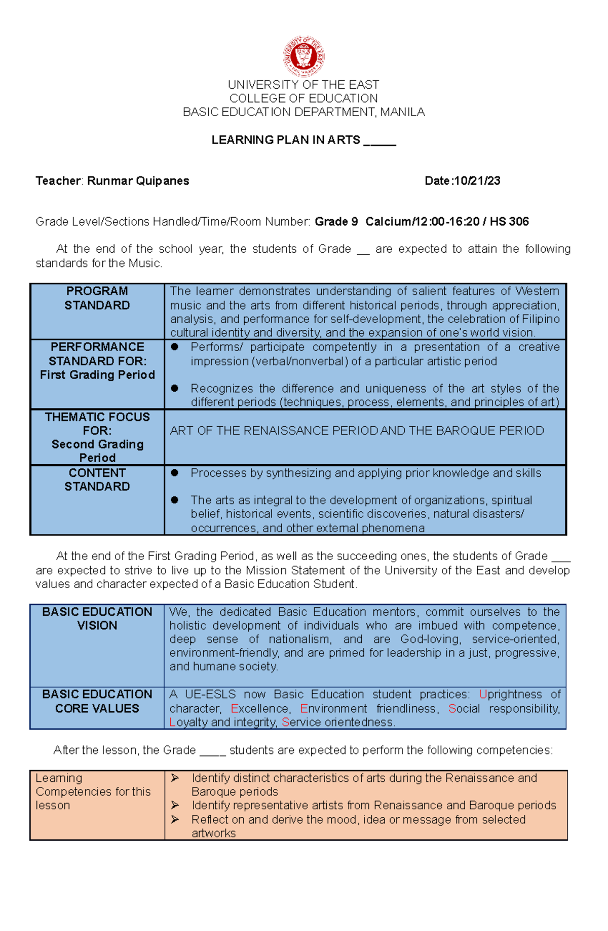 Learning PLAN ART Final Demo Quipanes - UNIVERSITY OF THE EAST COLLEGE ...