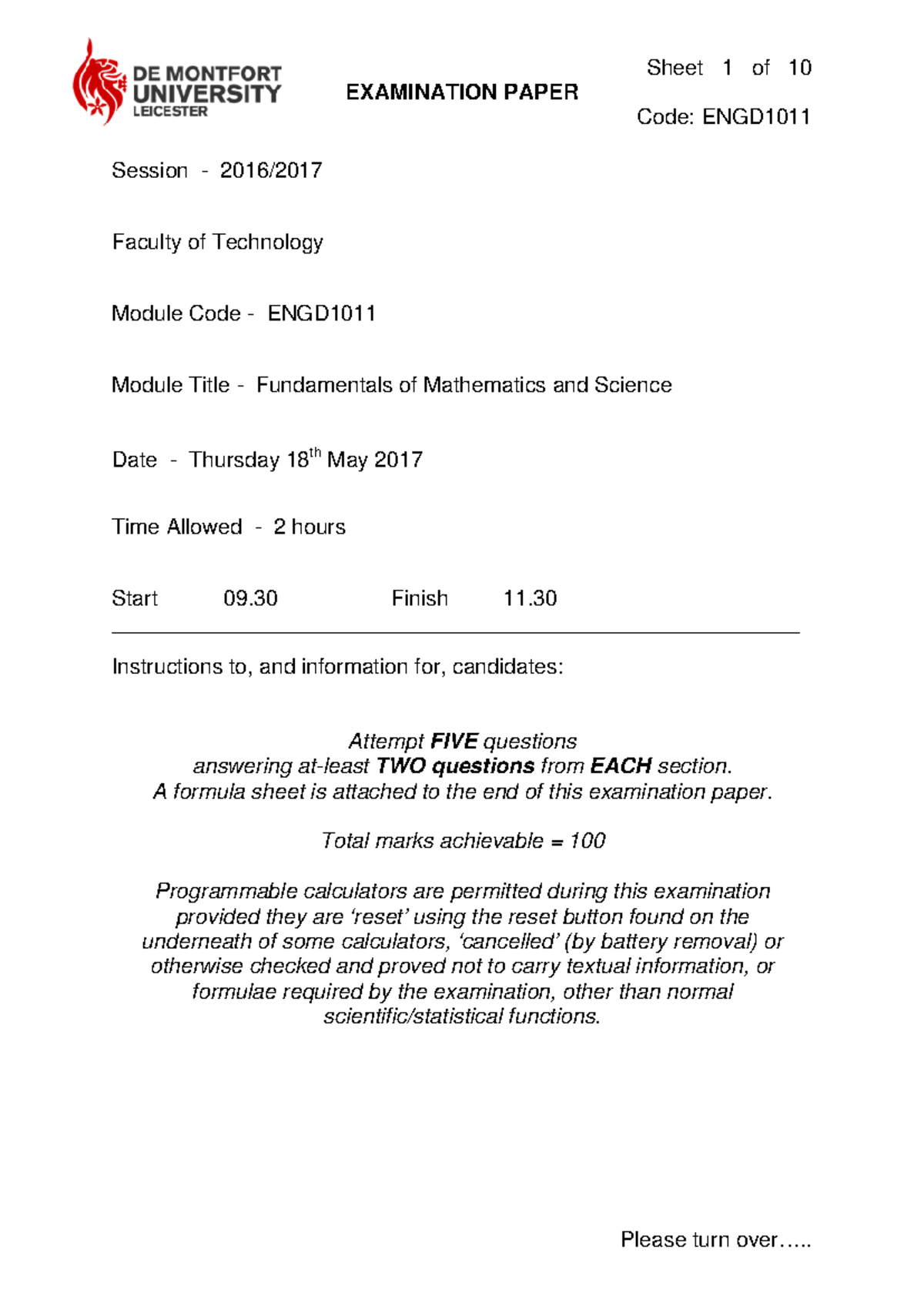 ENGD1011 2017 Exam - Sheet 1 of 10 EXAMINATION PAPER Code: ENGD Please ...